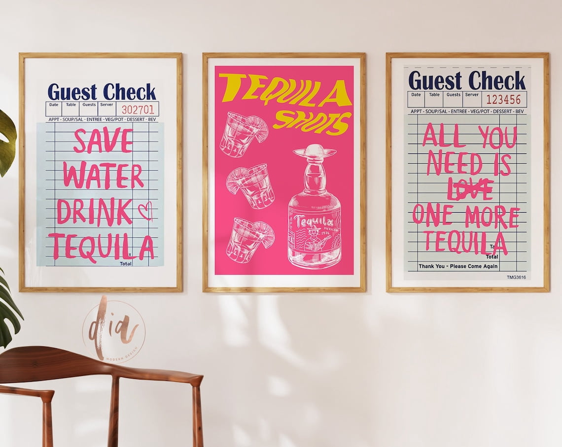 Luvia Tequila Shots Poster Set, Hot Pink Retro Cocktail Poster, Preppy ...