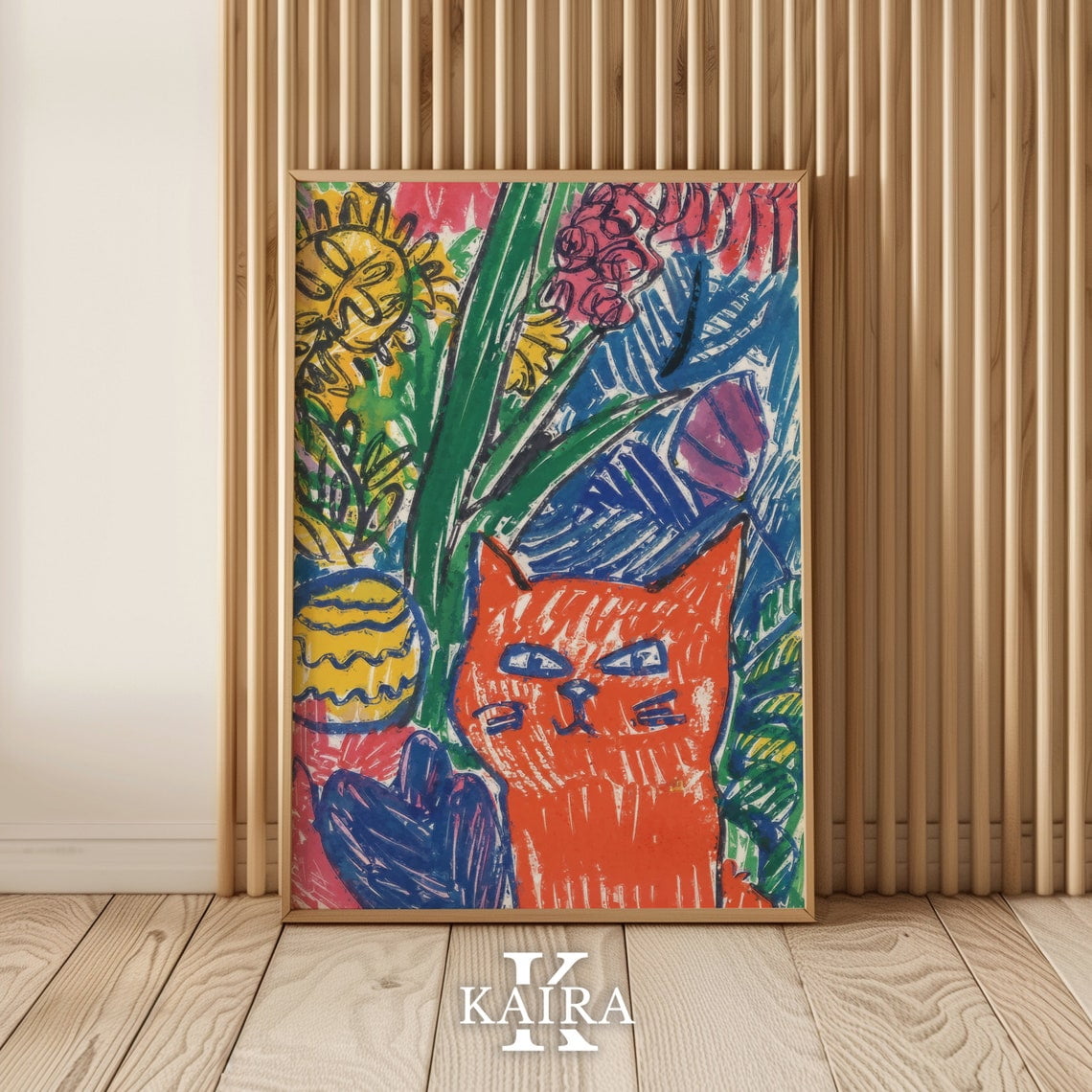 Luvia Whimsical Orange Cat Poster, Colorful Garden Flower Wall Art ...