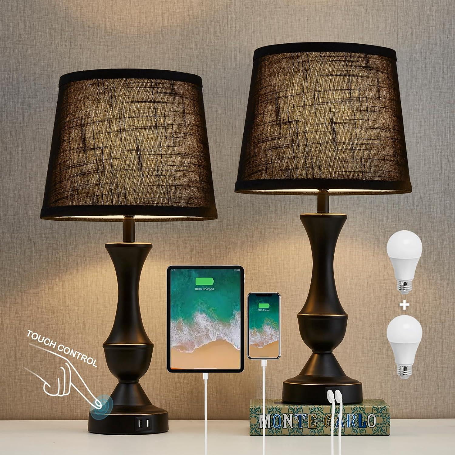 Luvkczc Black Touch Table Lamps Set of 2, 22