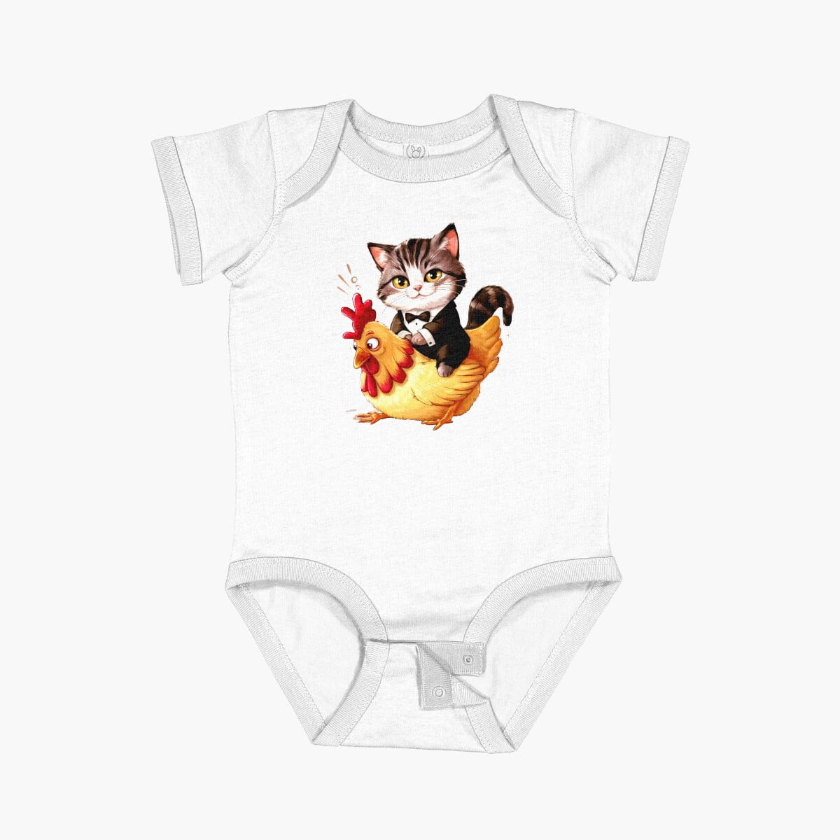 Luvly An Adorable Small Cat Wearing A Tuxedo, Sitting Atop A Chicken ...