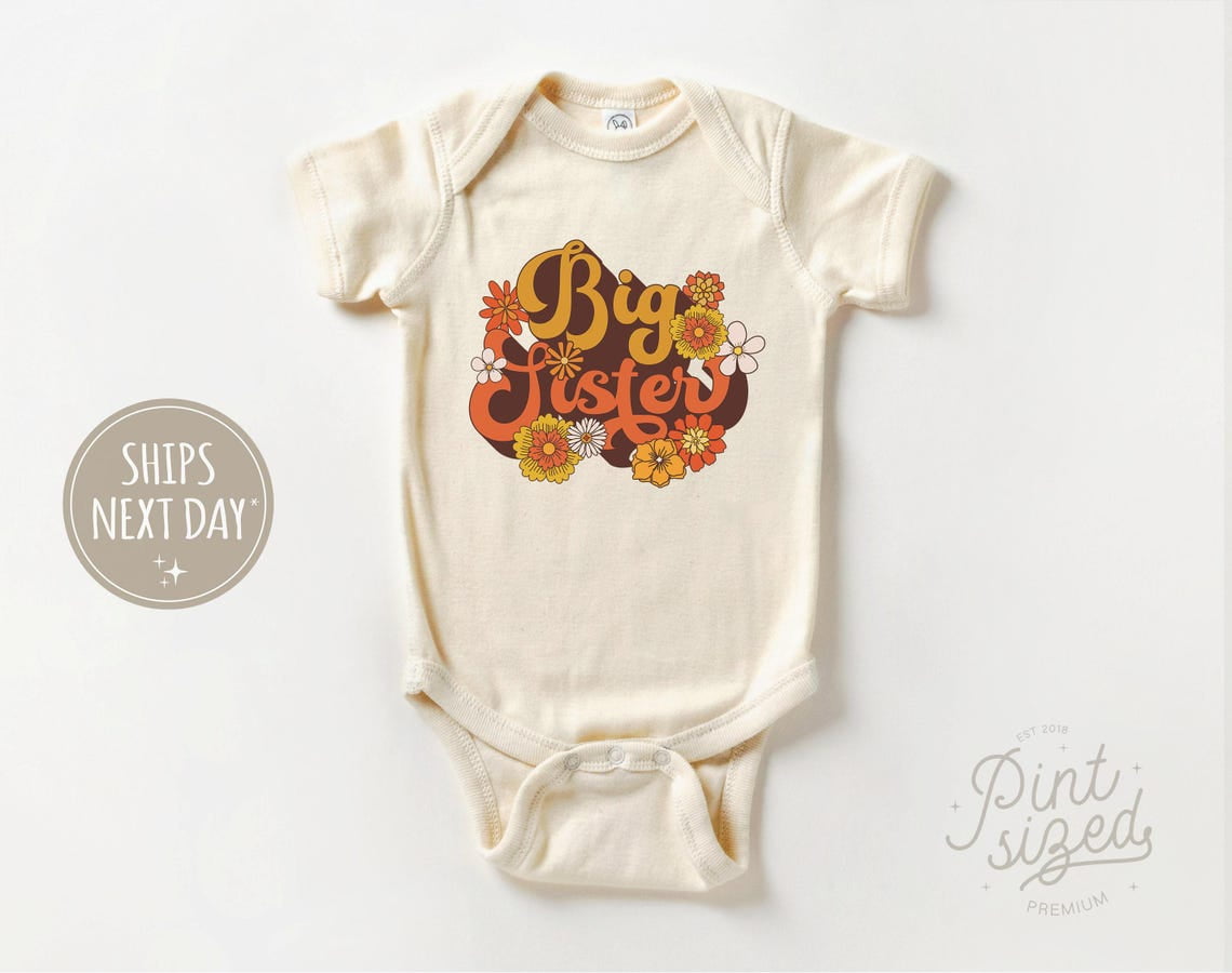 Luvly Big Sister Baby - Retro Flower Sibling Bodysuit - Natural Big ...