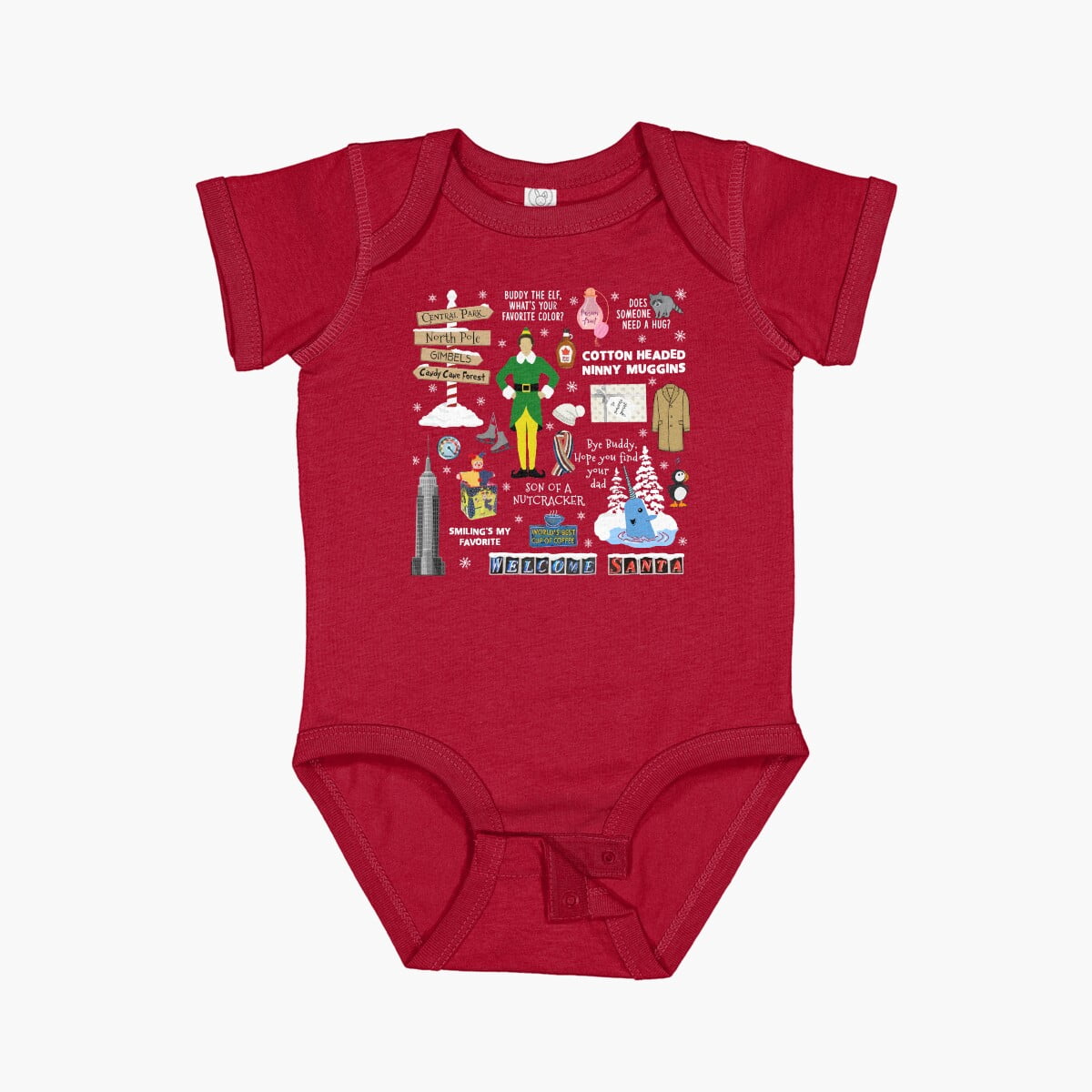 Luvly Buddy The Elf Collage, Red Background Short Sleeve Baby One-Piece ...