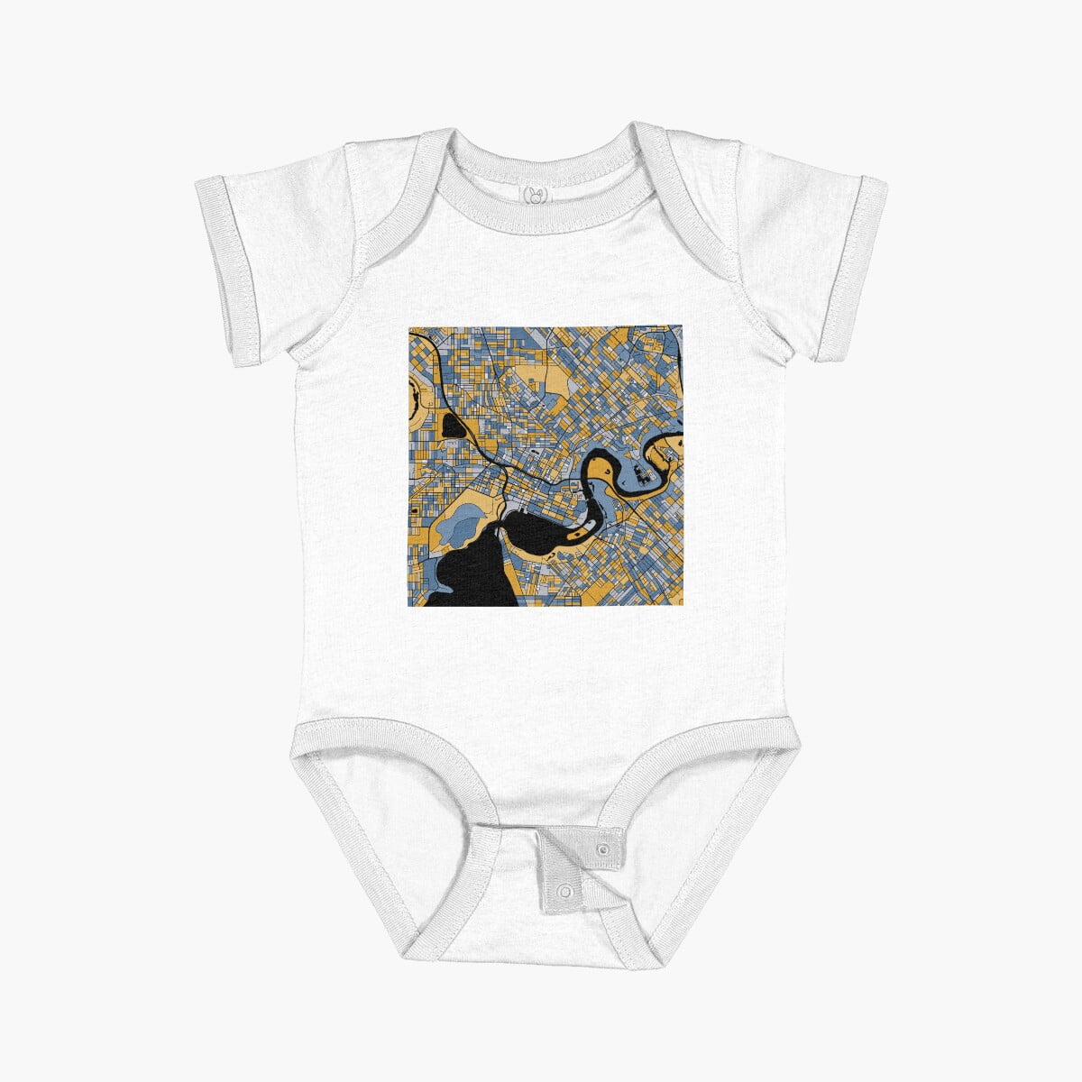 Luvly Perth Map Pattern In Blue & Gold Short Sleeve Baby One-Piece, New ...