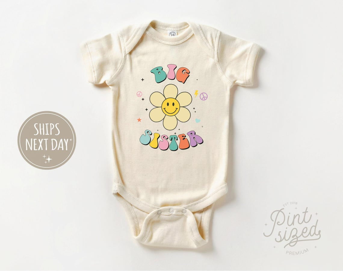 Luvly Retro Big Sister - Smiley Face Flower Sibling Bodysuit - Natural ...