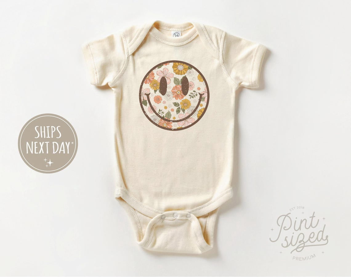 Luvly Retro Smiley Face Baby - Floral Hippie Bodysuit - Spring Natural ...
