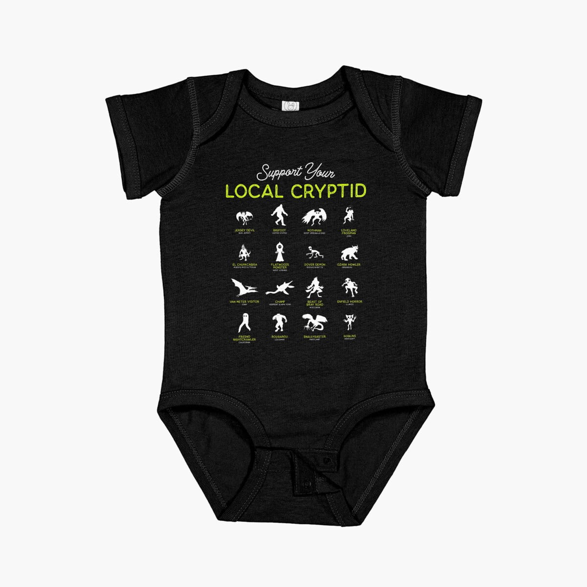 Luvly Support Your Local Cryptid Fortean Cryptozoology Funny Cute Short Sleeve Baby One-Piece ...