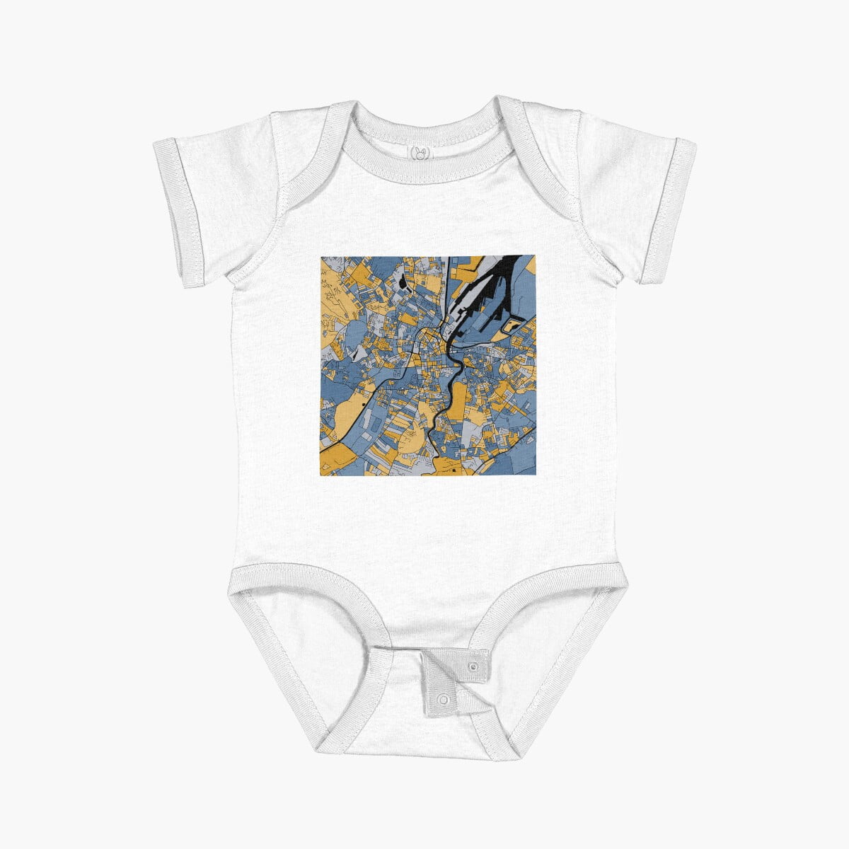 LuvlyBelfast Map Pattern In Blue & Gold Short Sleeve Baby One-Piece ...