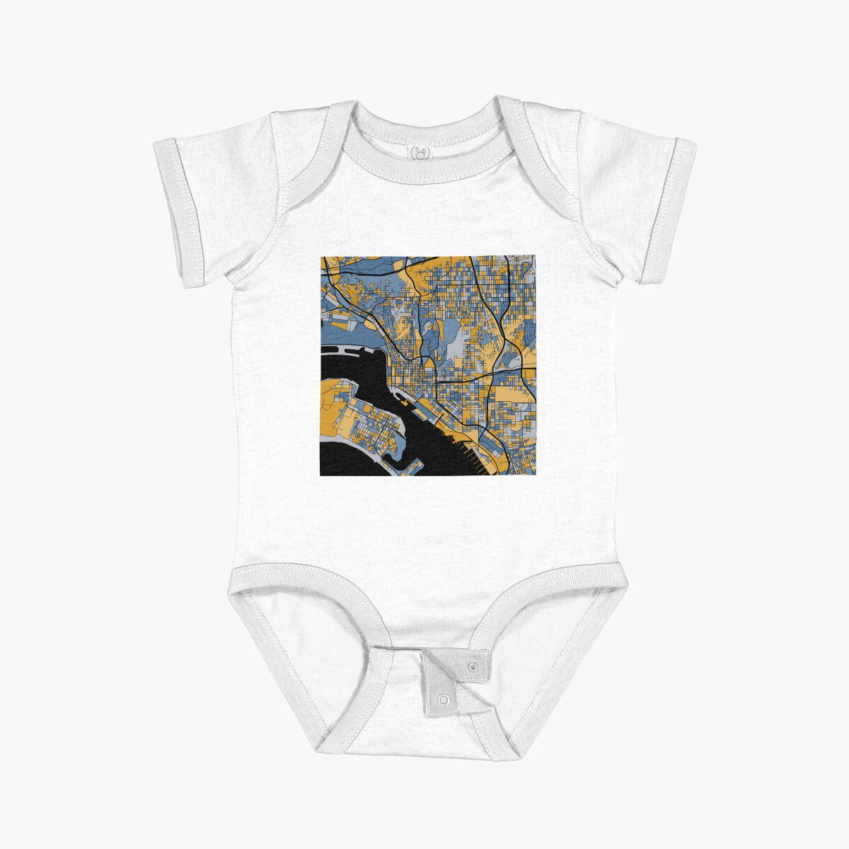 LuvlySan Diego Map Pattern In Blue & Gold Short Sleeve Baby One-Piece ...
