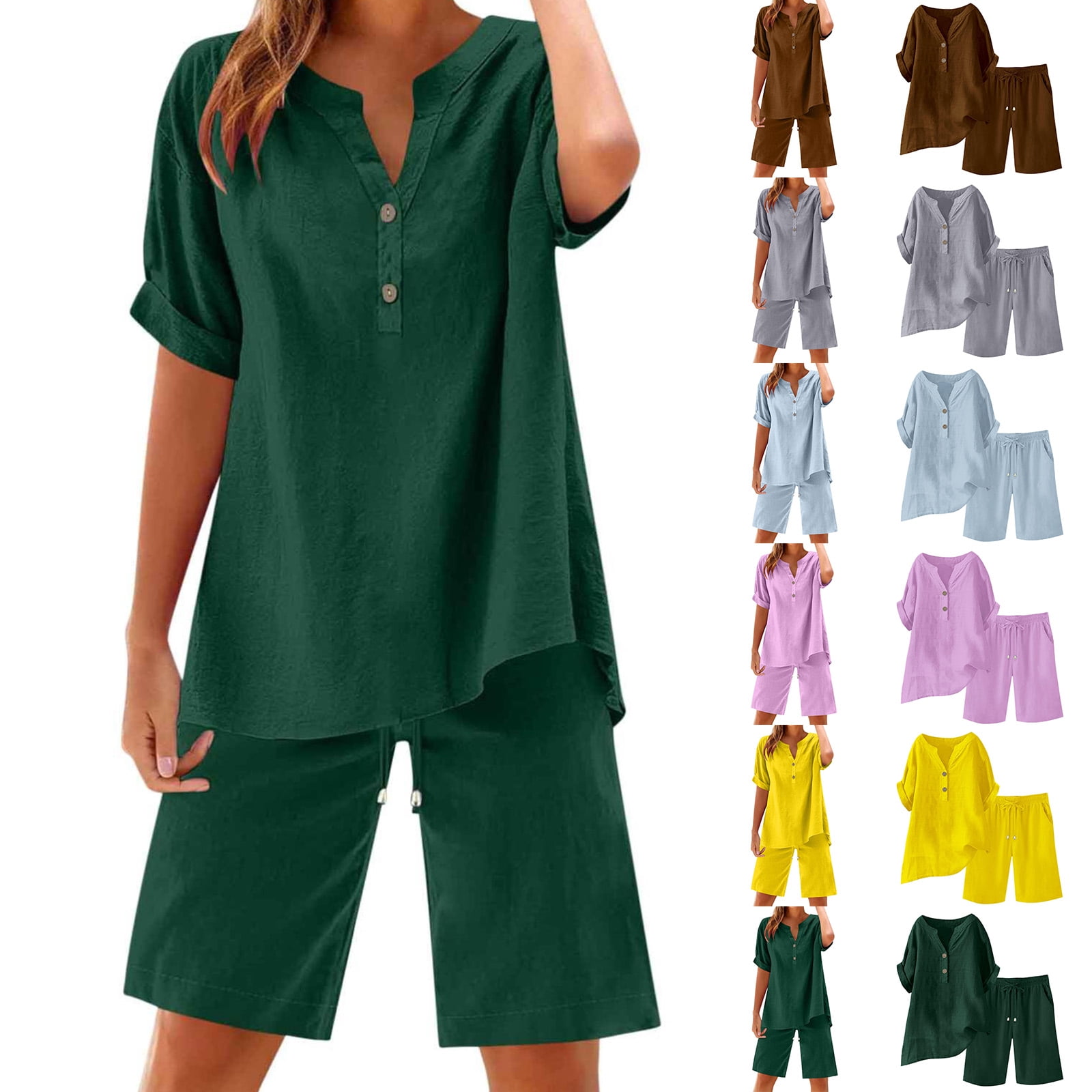 Luvrsol 2 Piece Short Sets for Women Linen Short Sleeve Outfits Casual ...