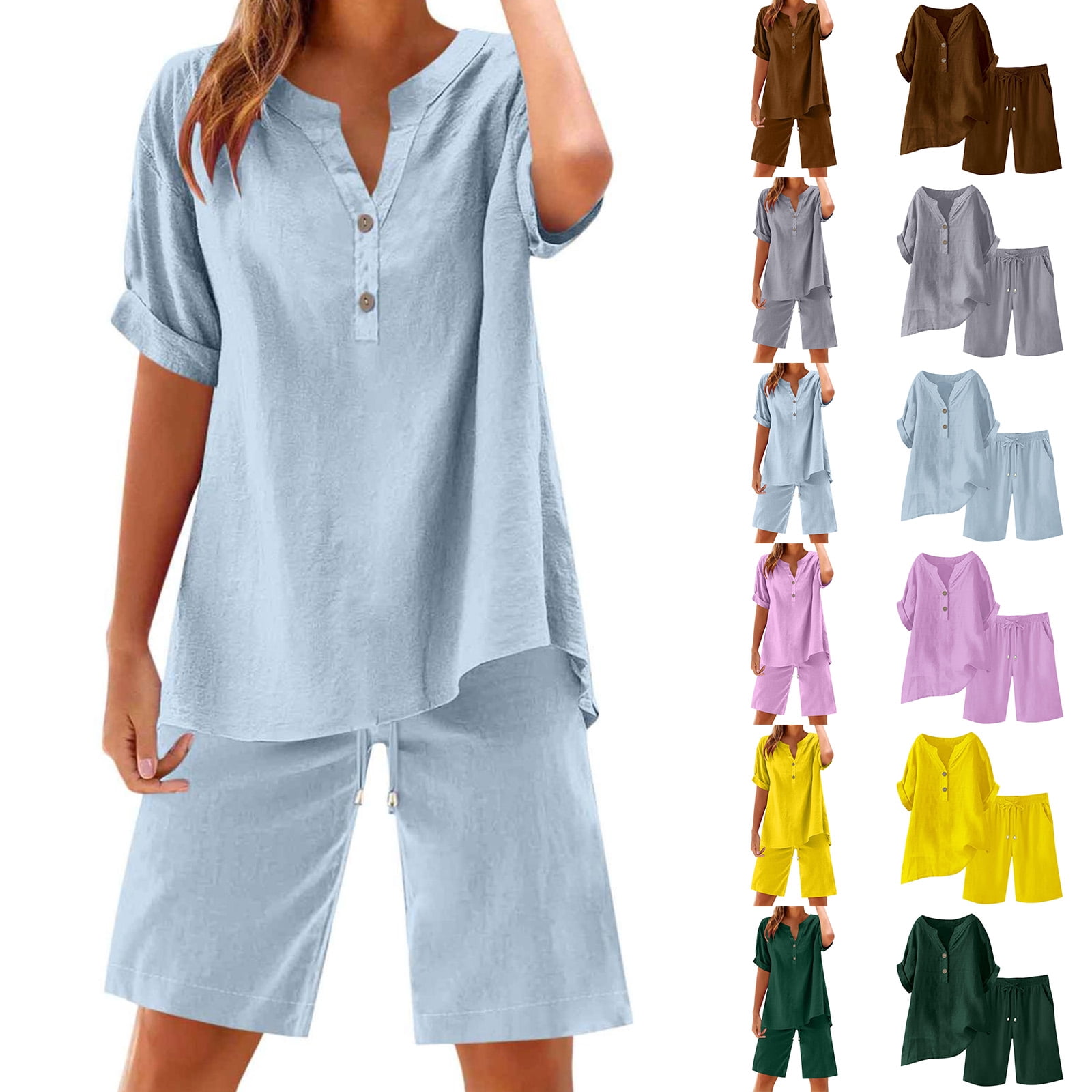 Luvrsol 2 Piece Short Sets for Women Linen Short Sleeve Outfits Casual ...