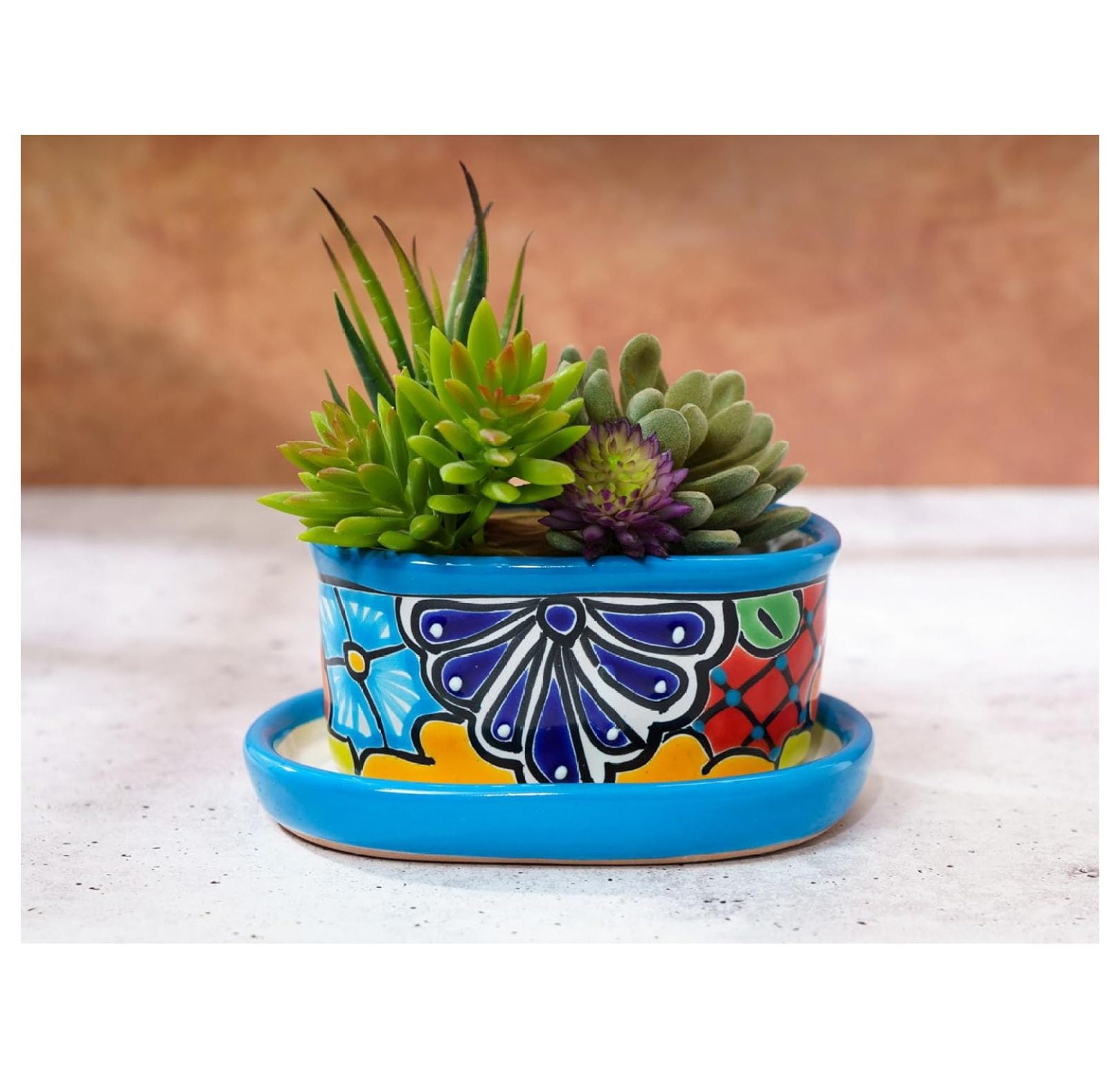 Luwei Mexican Talavera Ceramic Succulent Pot Mini Flower Planter Cactus Bonsai Pot W/Drainage ...