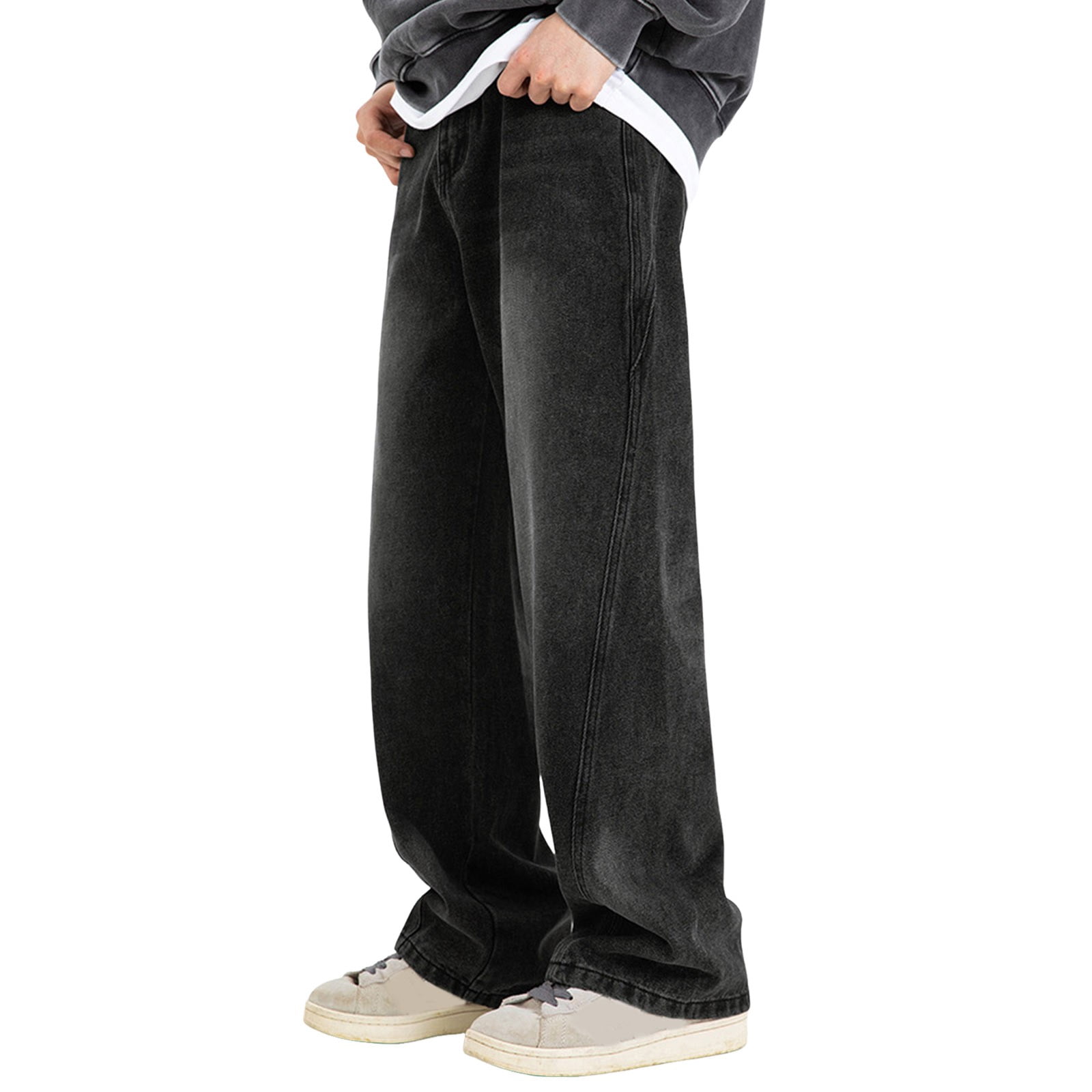 Luwomo Mens Jeans Distressed Washed Long High Waist Wide Leg Trousers ...