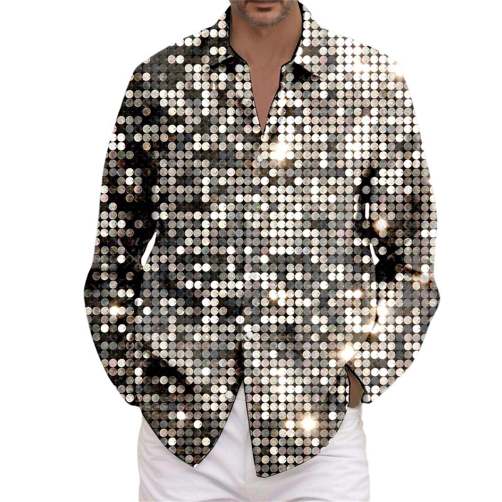 Luwomo Shirts Men Long Sleeve Lapel Carnival Glitter Sequin Print Party ...
