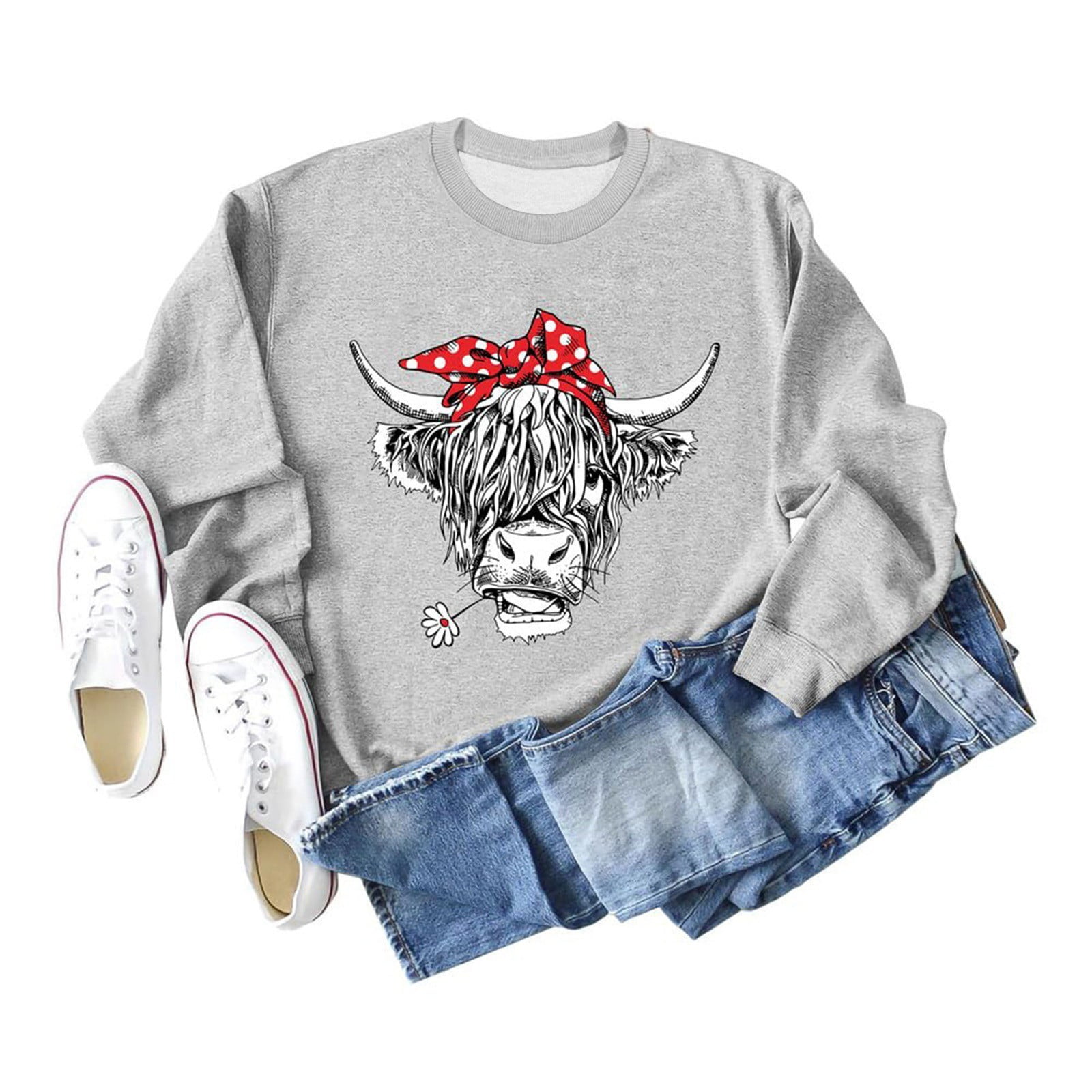 Luwomo Women Cow Sweatshirt Funny Animal Graphic Long Sleeve Top Farm ...
