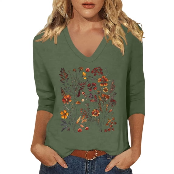 Luwomo Women's T Shirts Graphic Floral Print 3/4 Sleeve V Neck Tees ...