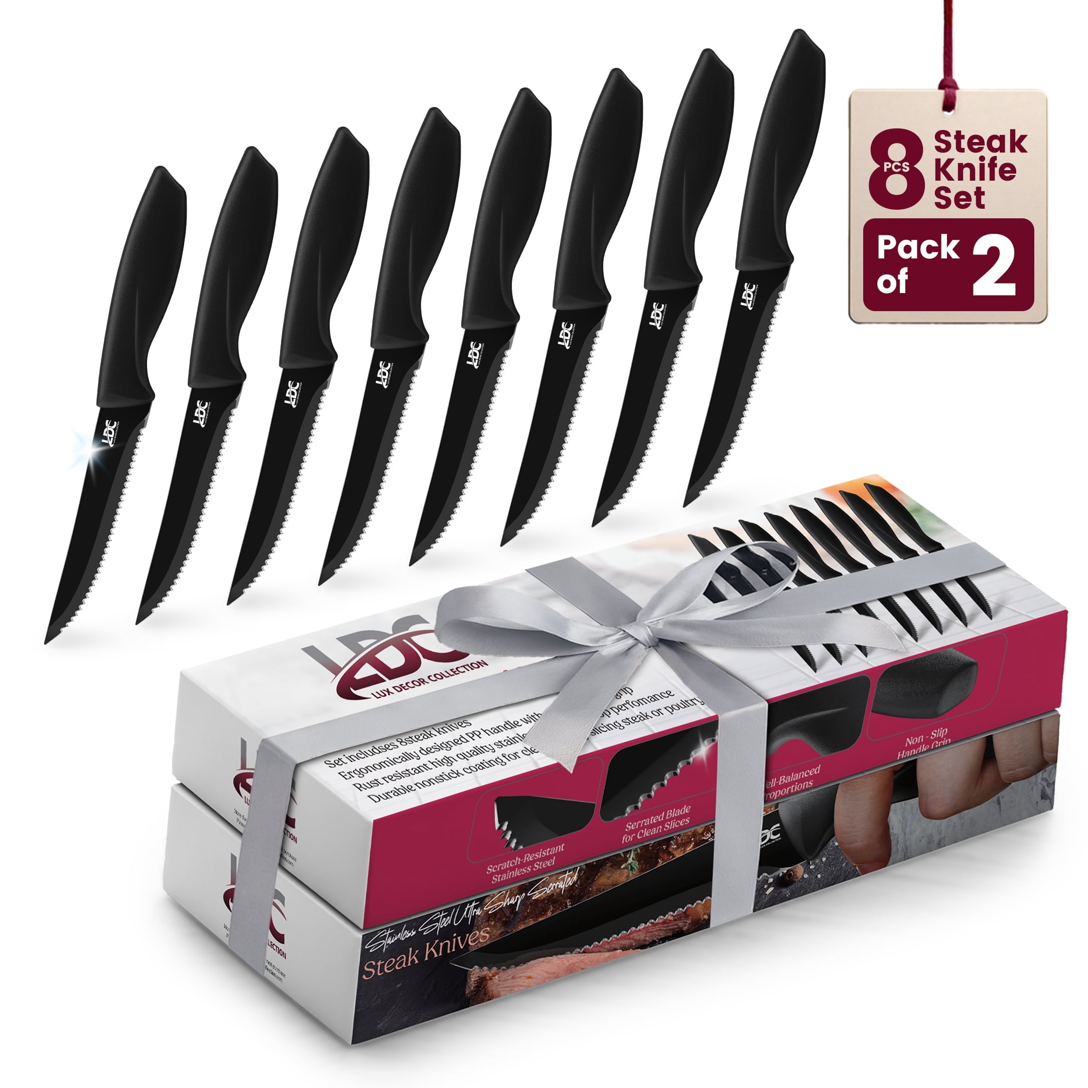 Lux Decor 8 Piece Serrated Steak Knives Set - 2 Pack, Stainless Steel ...