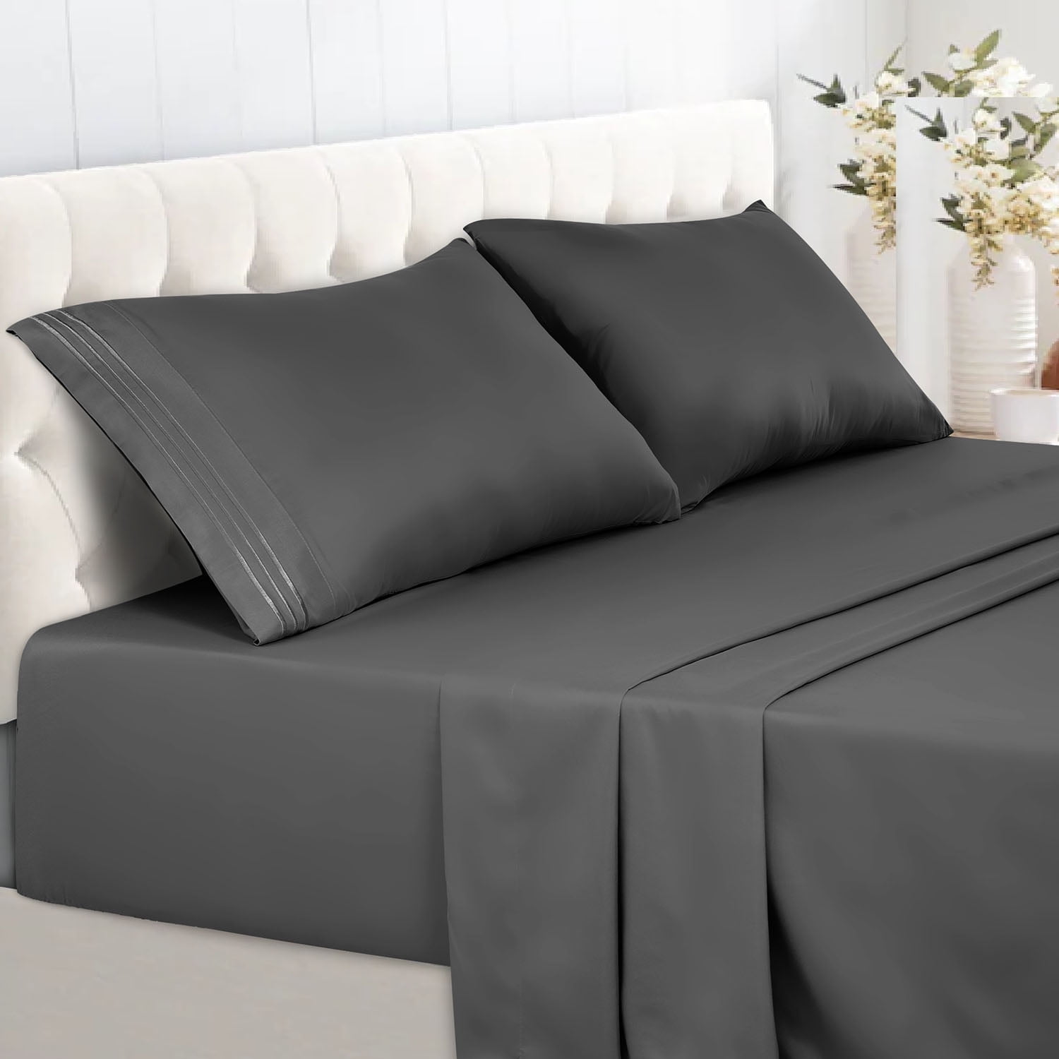 Lux Decor Collection Bed Sheets Deep Pocket Microfiber Bed Sheet Set Wrinkle Fade Stain Resistant Twin Sheets Dark Gray