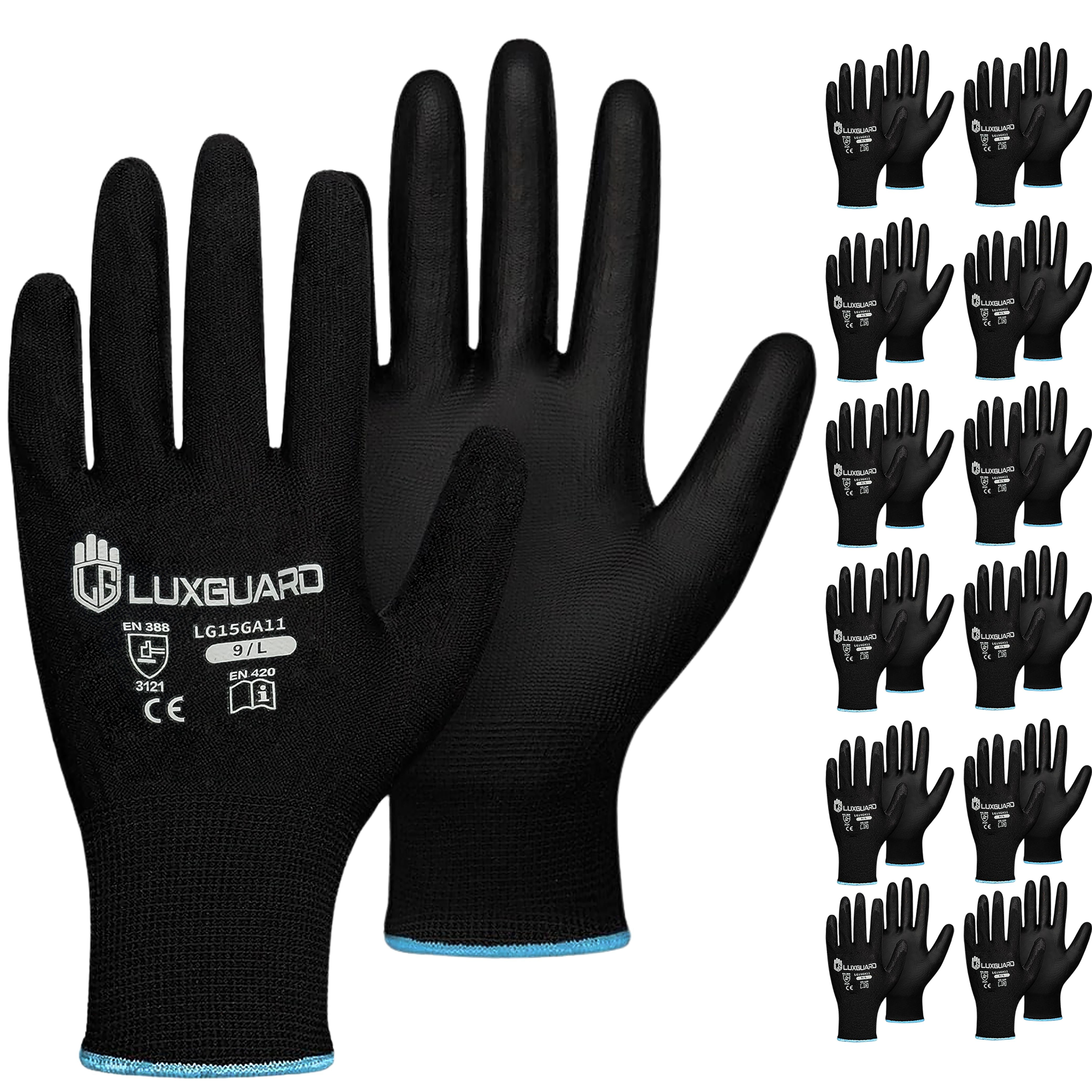 LuxGuard Safety Work Gloves (12 Pairs) with PU-coated seamless gloves ...