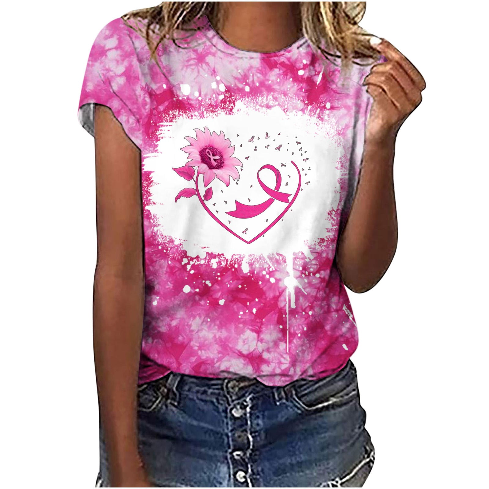 Luxalzxs Breast Cancer Awareness Shirts Women Pink Ribbon T-Shirt ...