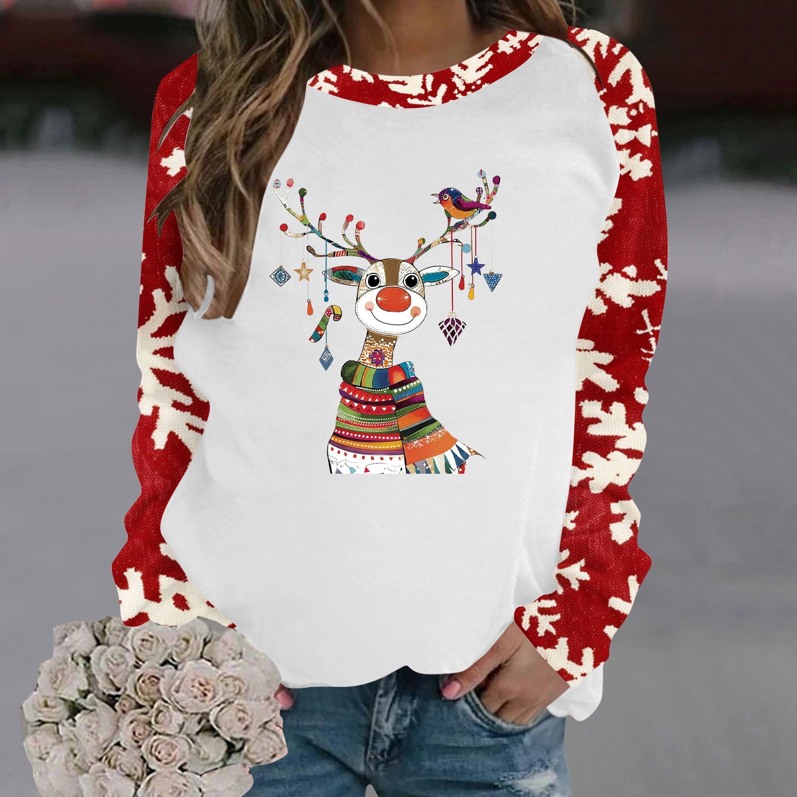 Luxalzxs Christmas Sweatshirts Women Cute Reindeer Graphic Shirt Xmas ...