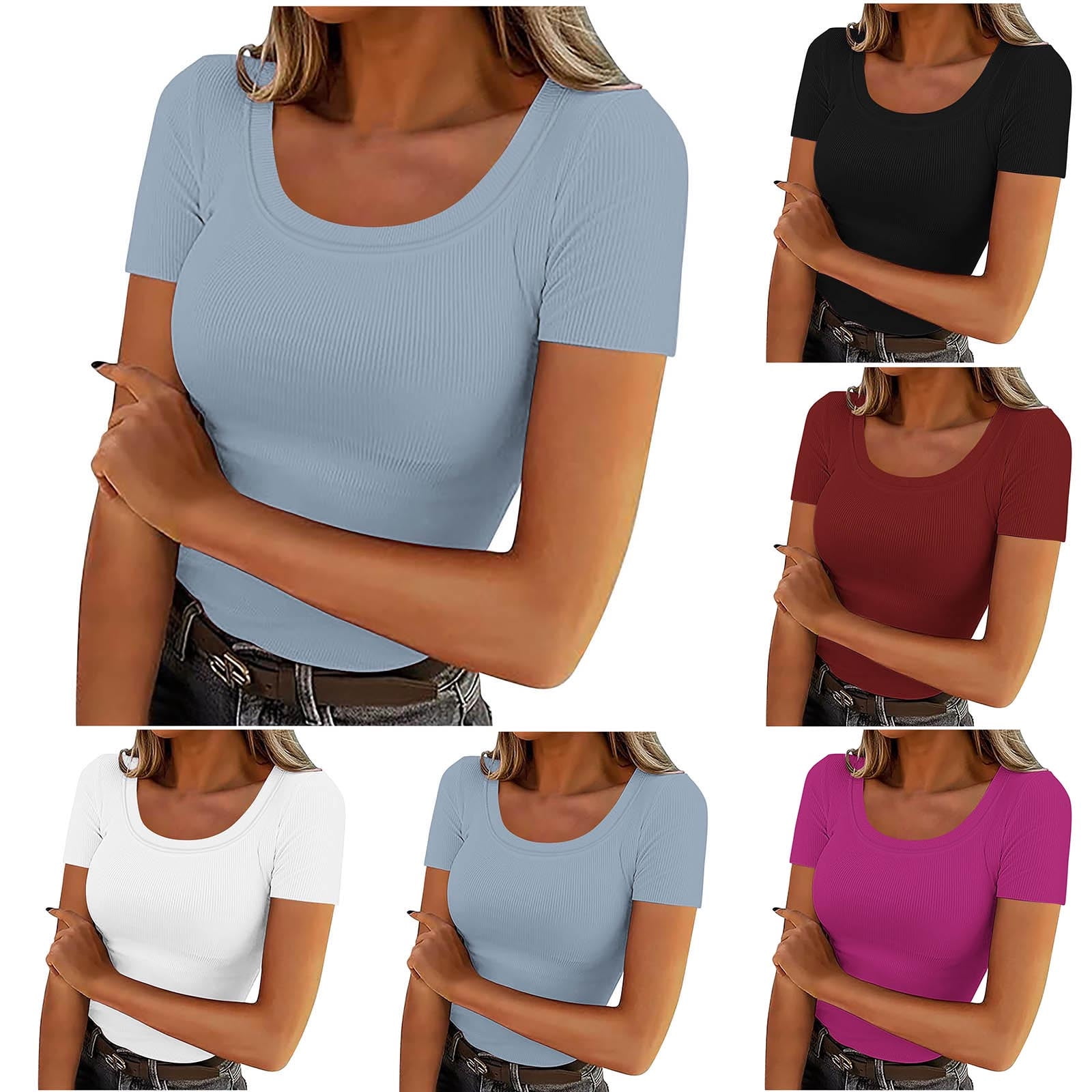 Luxalzxs Crop Tops for Women Short Sleeve Square Neck T-Shirt Summer ...