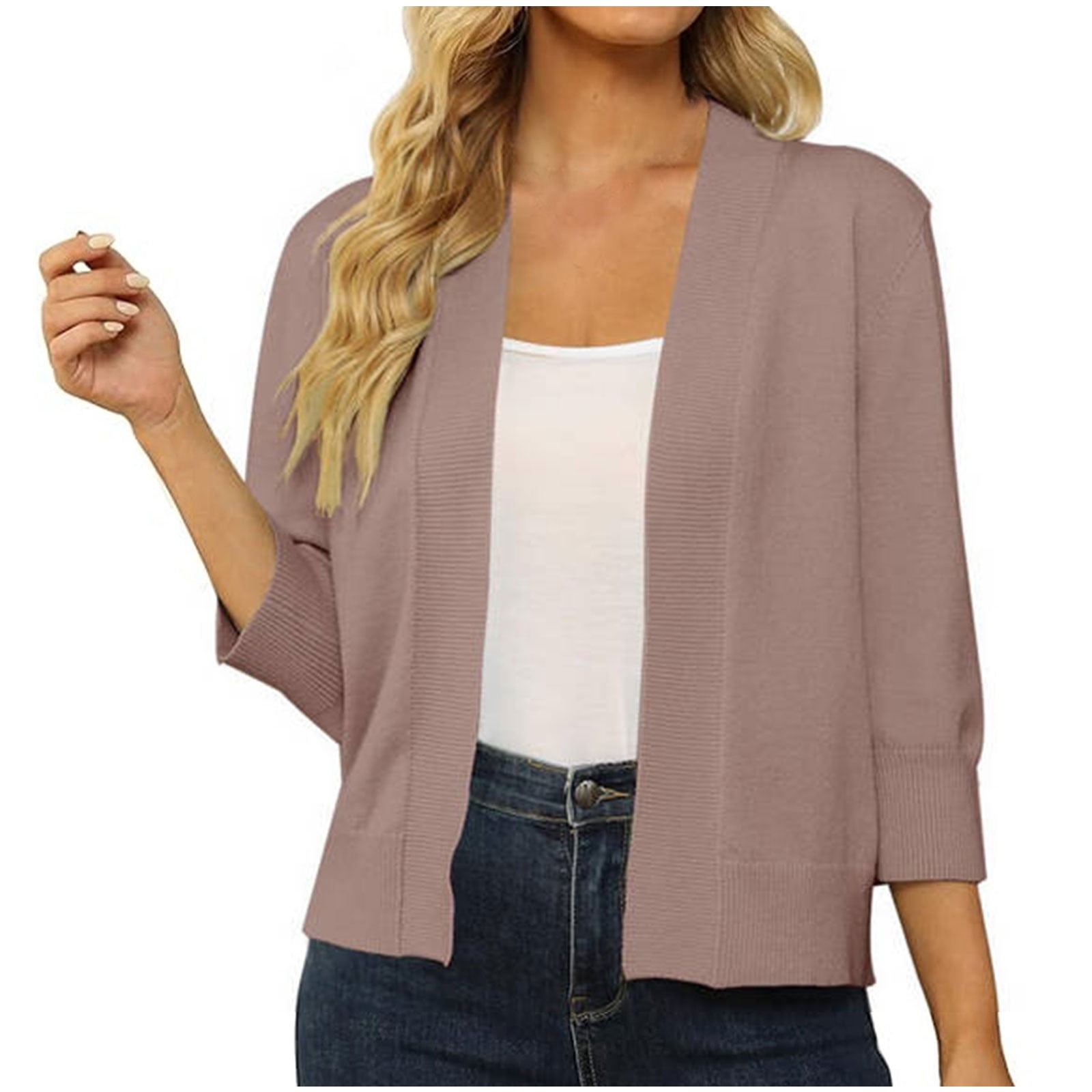 Luxalzxs Cropped Cardigan Sweaters for Women Open Front 3/4 Sleeve Knit ...