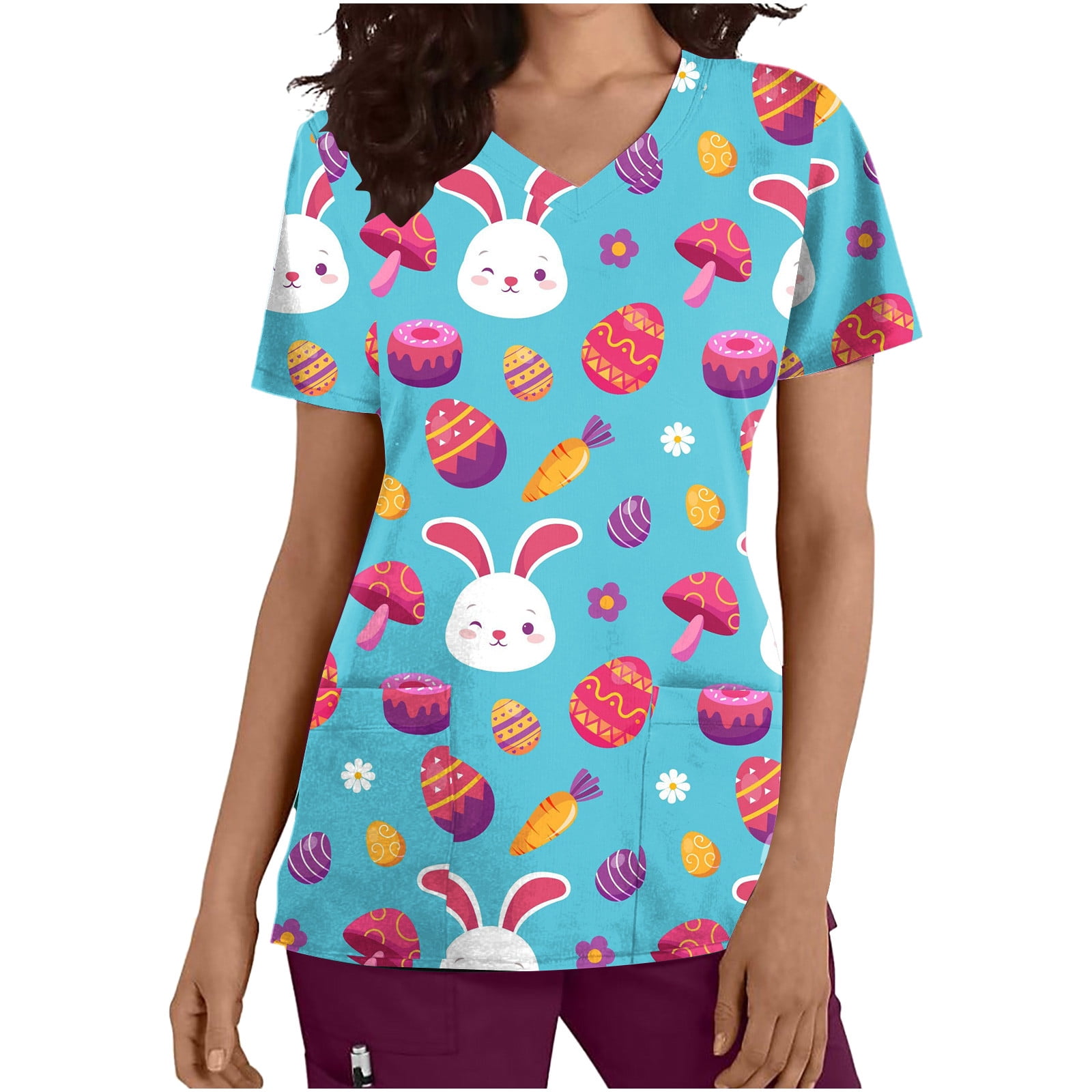 Luxalzxs Easter Day Holiday Scrub Tops for Women V-Neck Short Sleeve ...