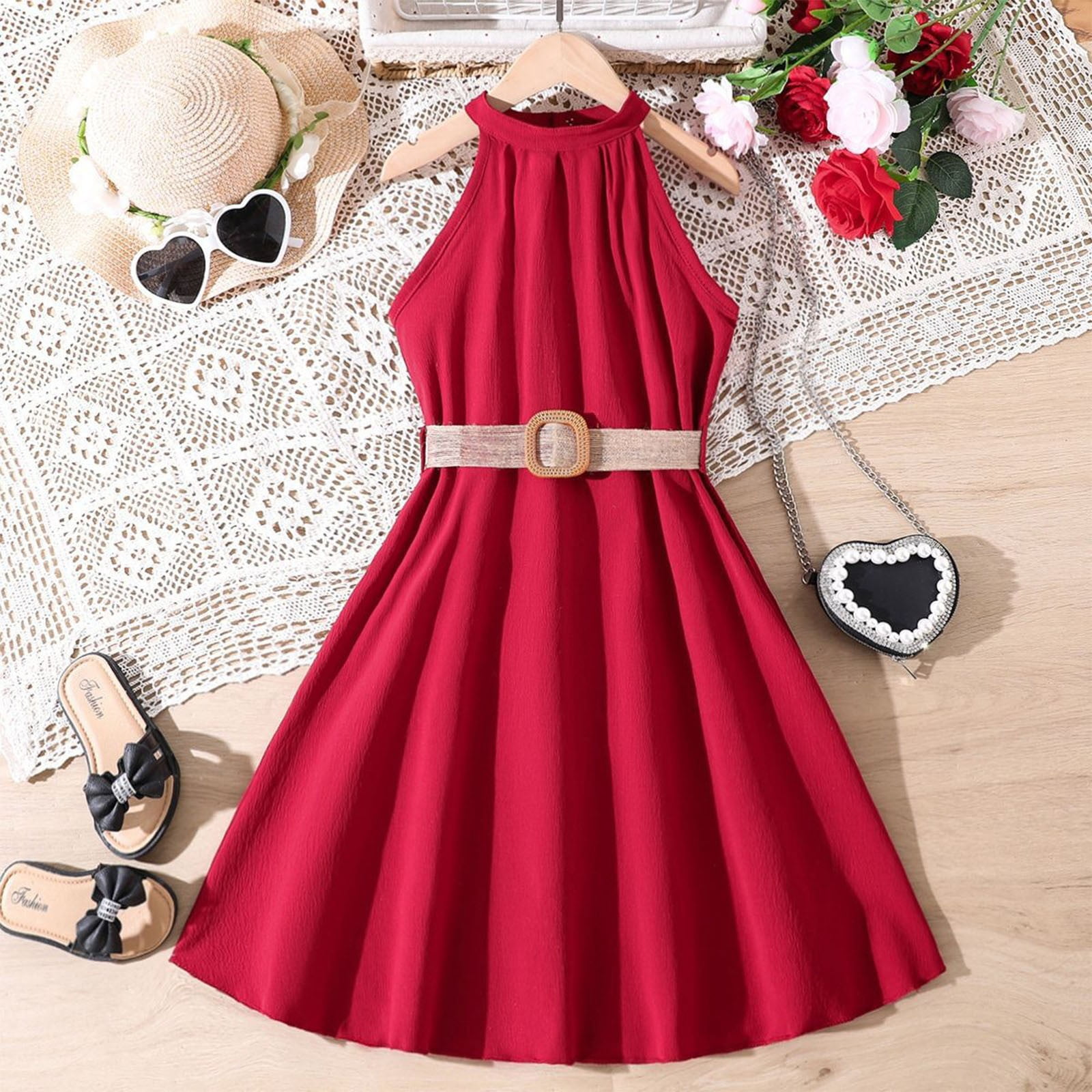 Luxalzxs Girl Dresses Size 10-12 Halter Neck Solid Color Casual Dress ...