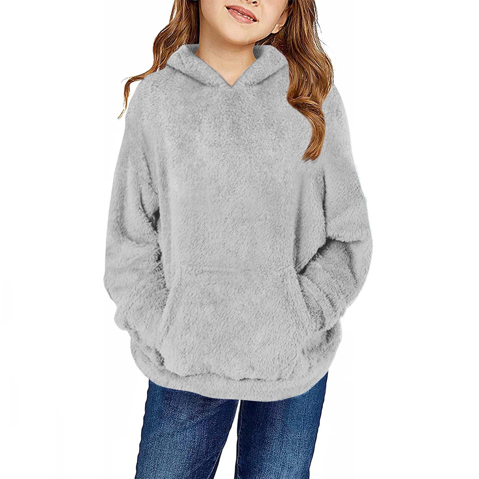 Luxalzxs Girls Fuzzy Fleece Hoodies Kids Solid Color Casual Sherpa ...