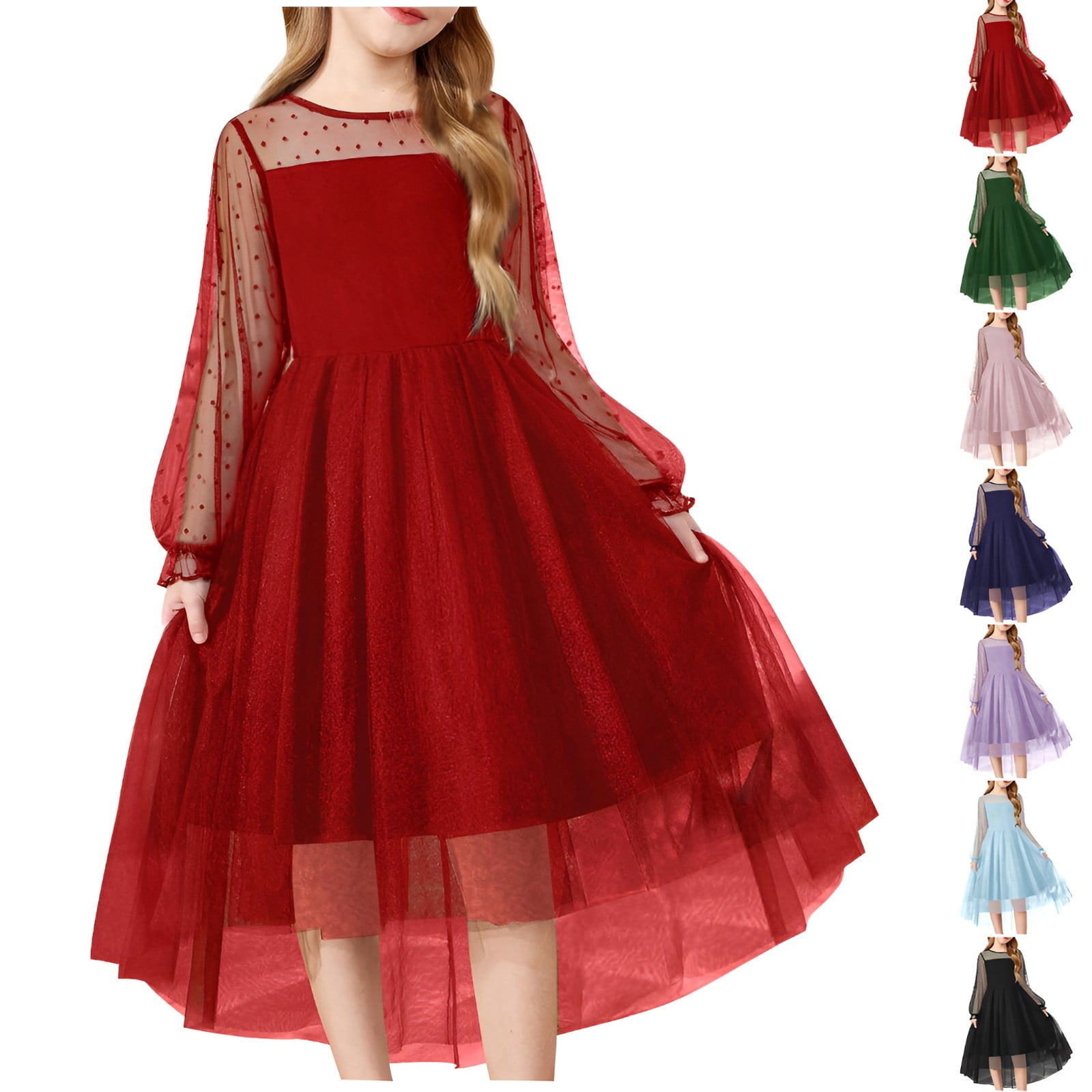 Luxalzxs Girls Party Dress Mesh Long Sleeve Twirly High Low Hem ...
