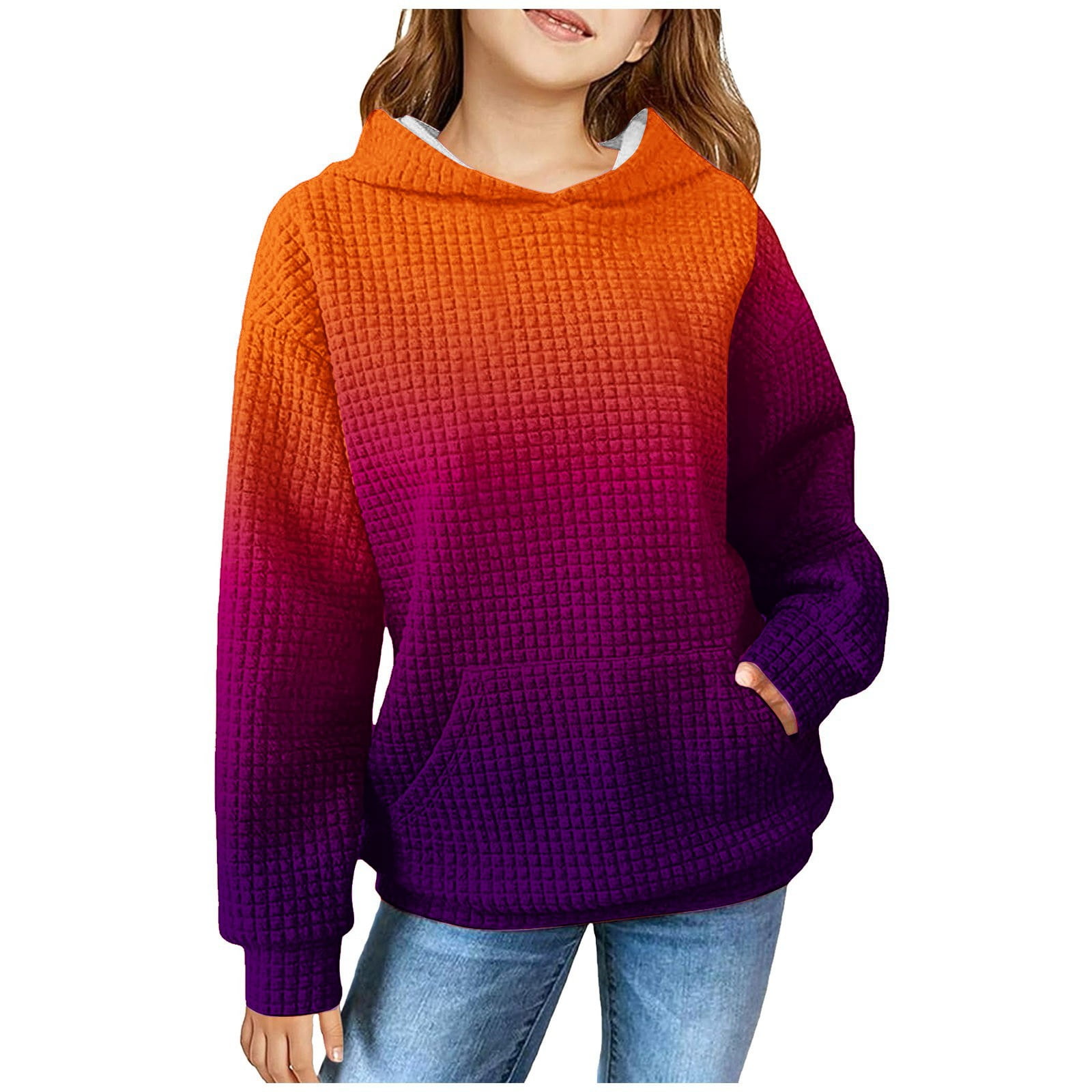 Luxalzxs Girls Waffle Hoodies Fashion Gradient Color Hooded Sweatshirts ...
