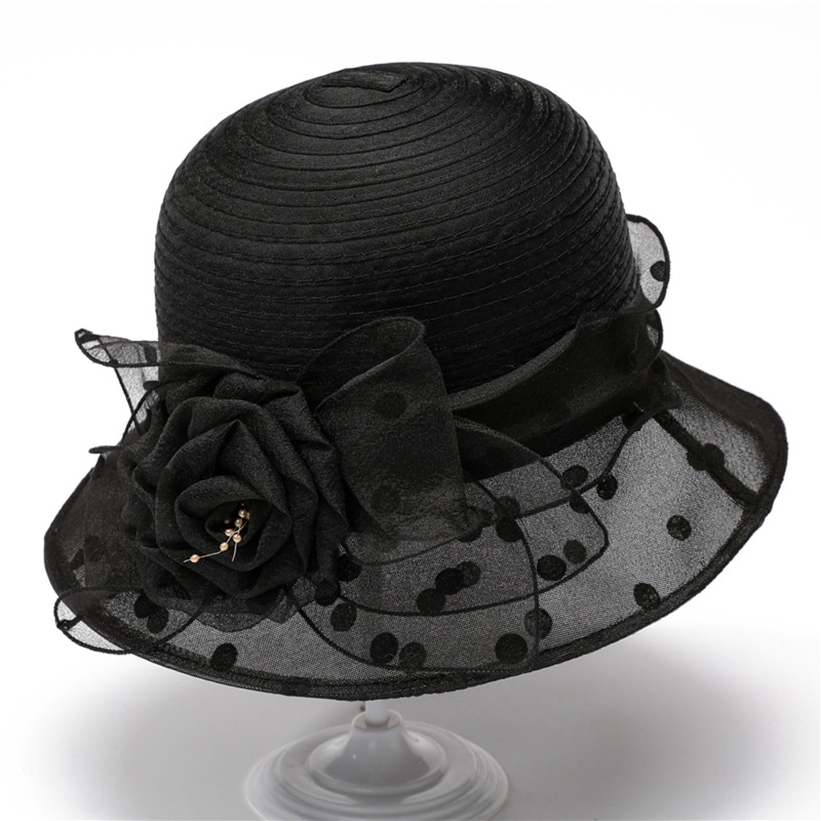 Luxalzxs Lady Polka Dots Organza Fascinator Sun Hats Women Kentucky Derby Wide Brim Bowler Hat ...