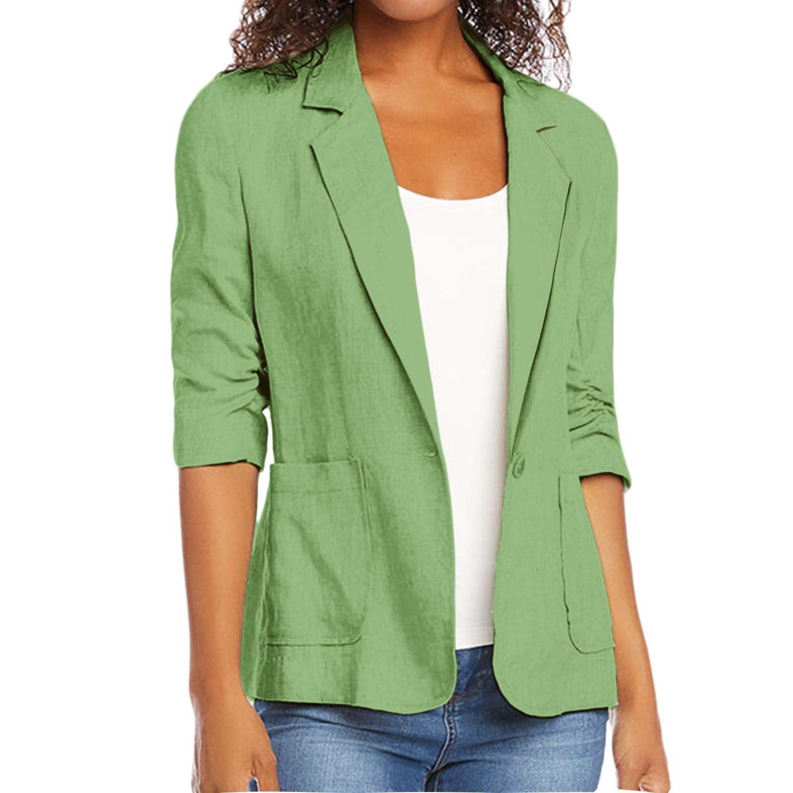 Luxalzxs Linen Blazer Women Summer Lightweight Ruched 3/4 Sleeve Single ...