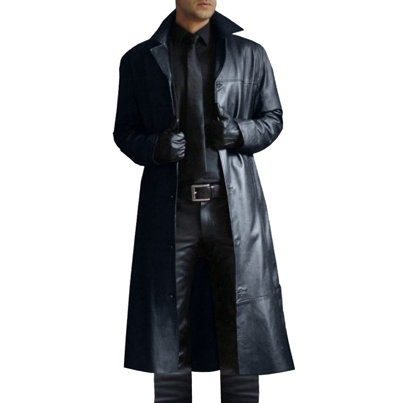 Luxalzxs Mens Retro Faux Leather Long Trench Coat Classic Motorcycle ...