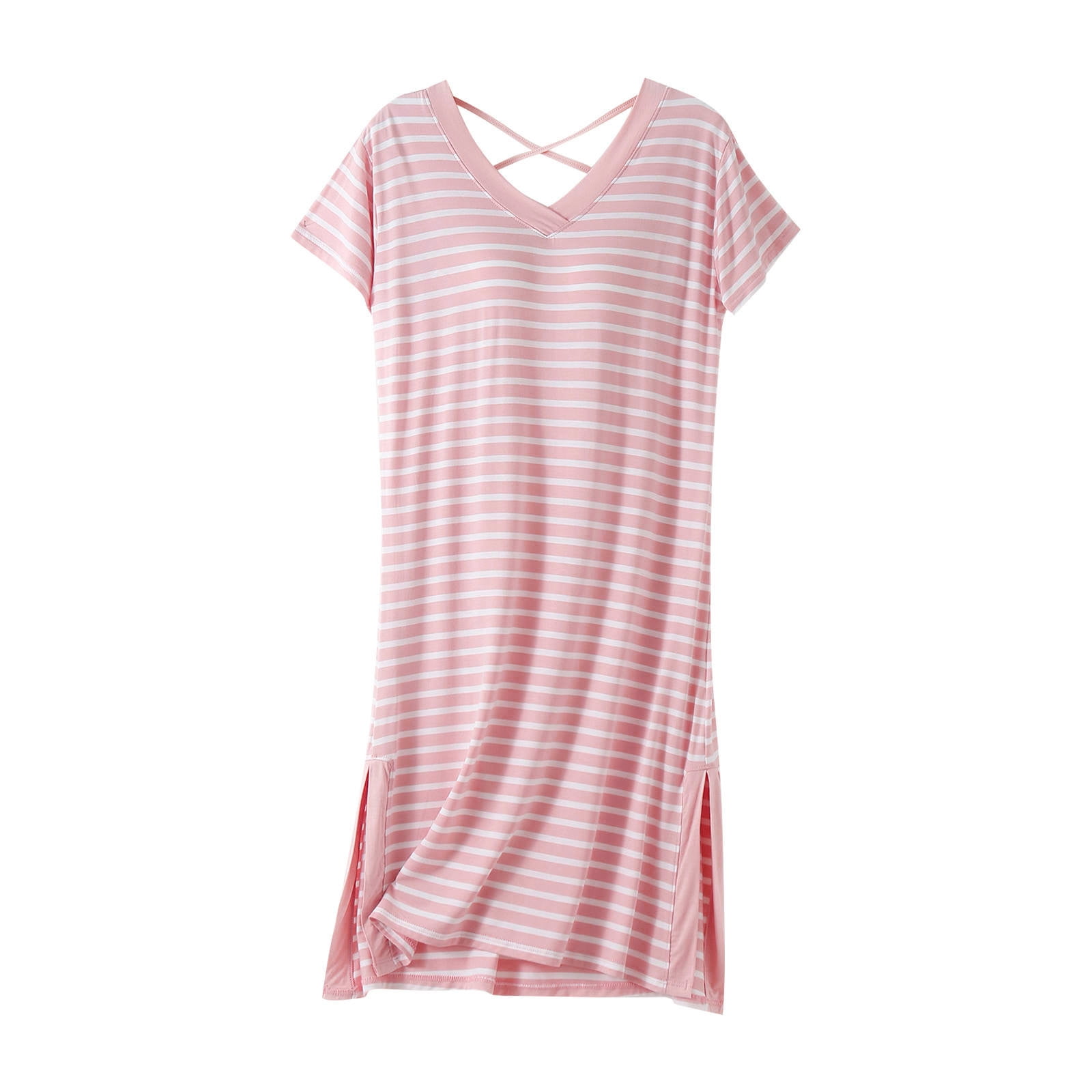 Luxalzxs Nightgowns for Women Striped Pajama Home Dress Soft V-Neck ...