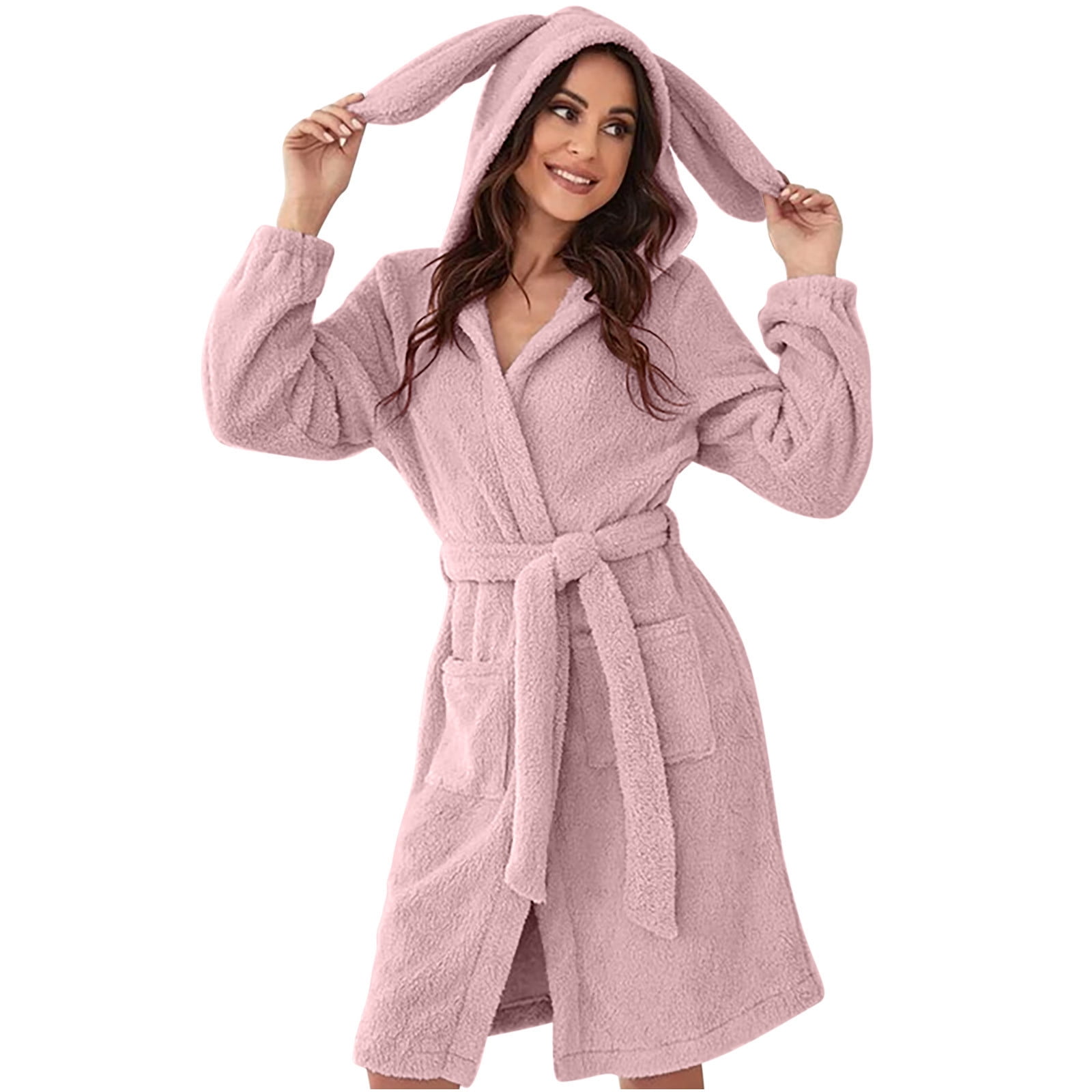 Luxalzxs Robes for Women, Rabbit Ear Hooded Bath Robe Solid Color Soft ...