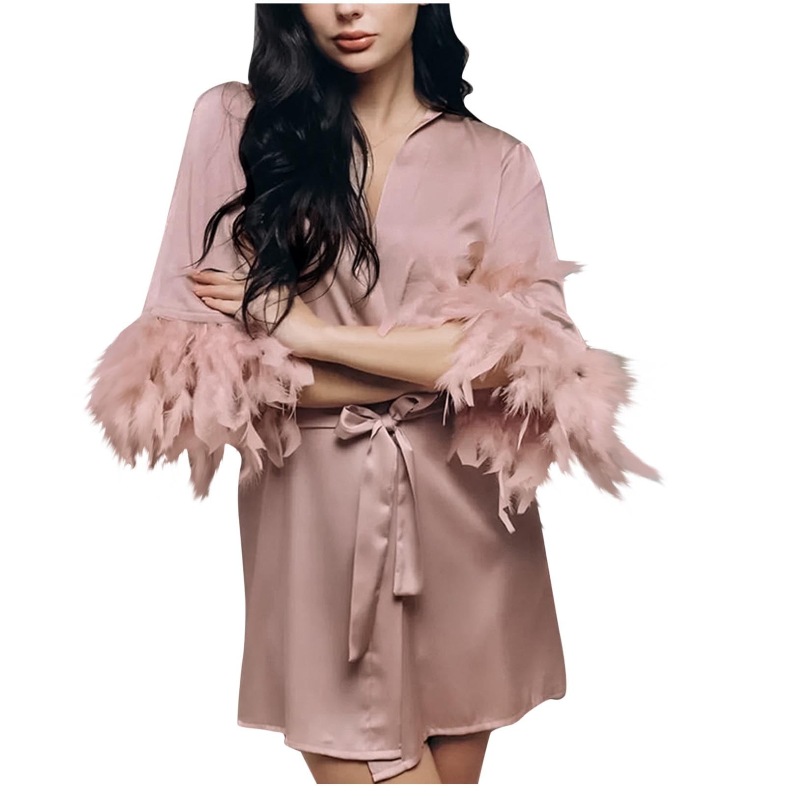 Luxalzxs Satin Nightgown for Women Short Bridesmaid Feather Robe Kimono ...