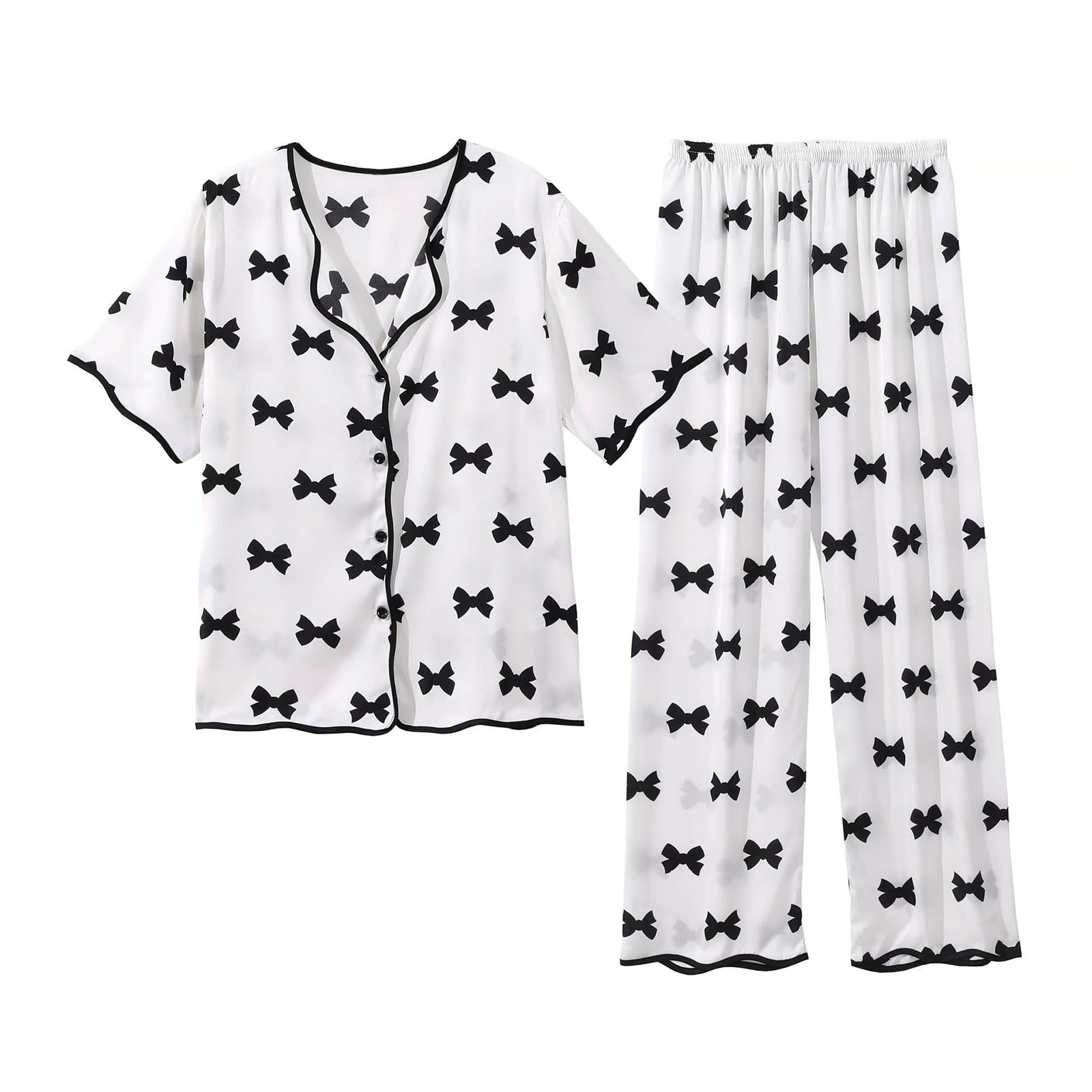 Luxalzxs Satin Pajamas Set for Women Bows Print Long Sleeve Blouse and ...