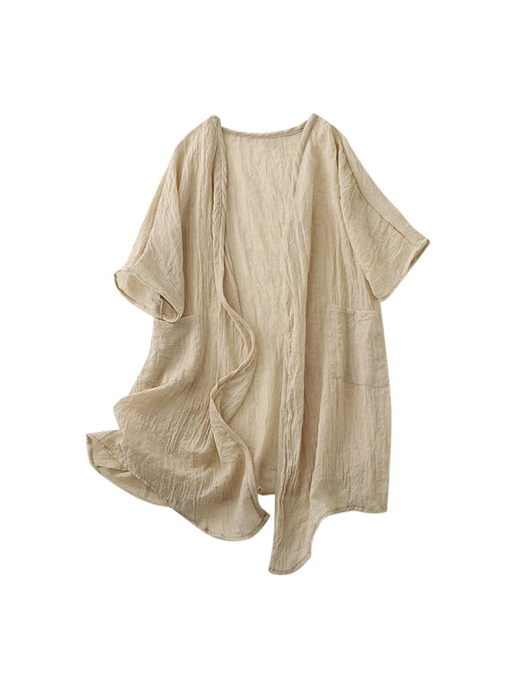 Dyegold Women's 3/4 Sleeve Lightweight Linen Cotton Cardigan - Casual ...