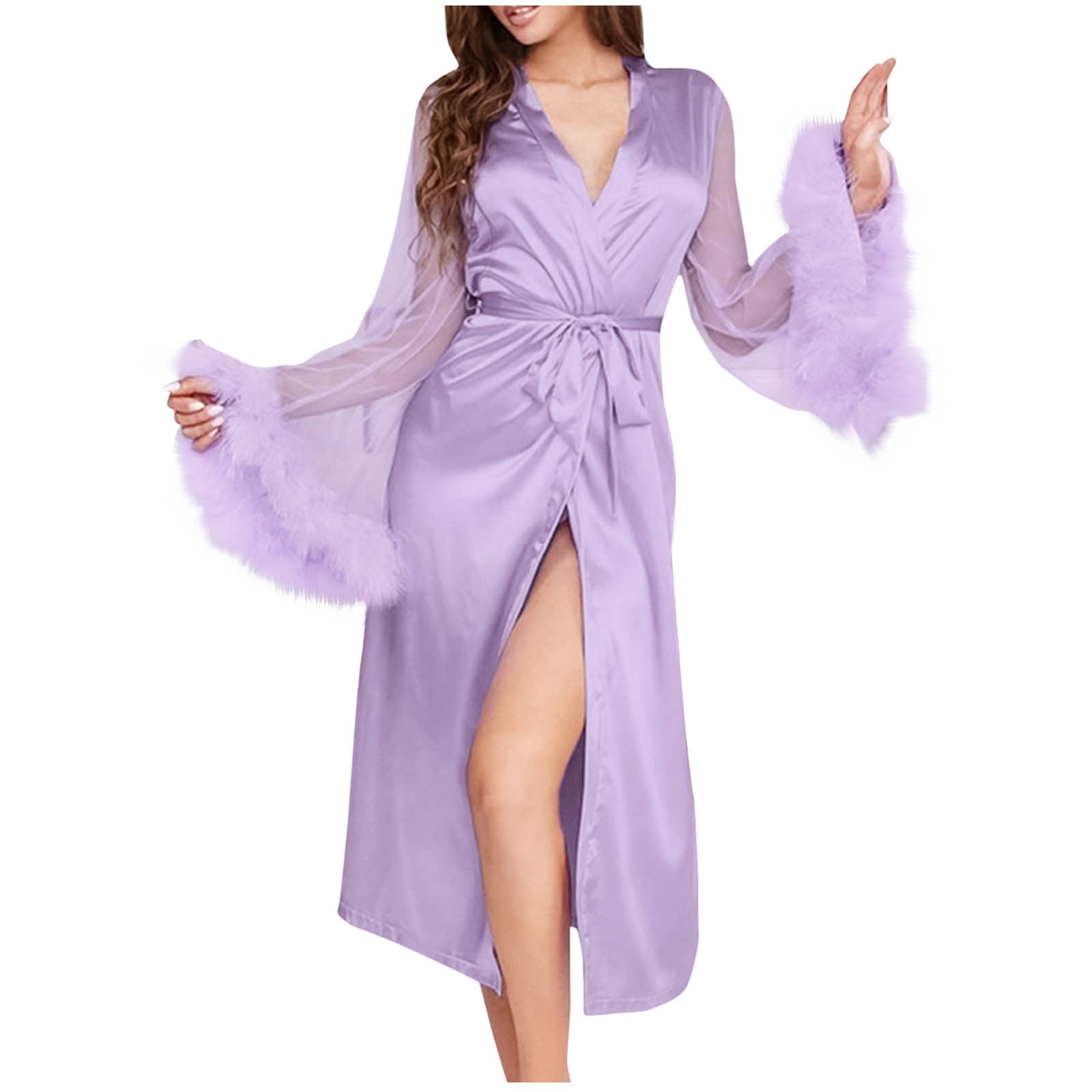 Luxalzxs Silk Nightgown for Women Long Sleeve Satin Silk Feather Trim ...