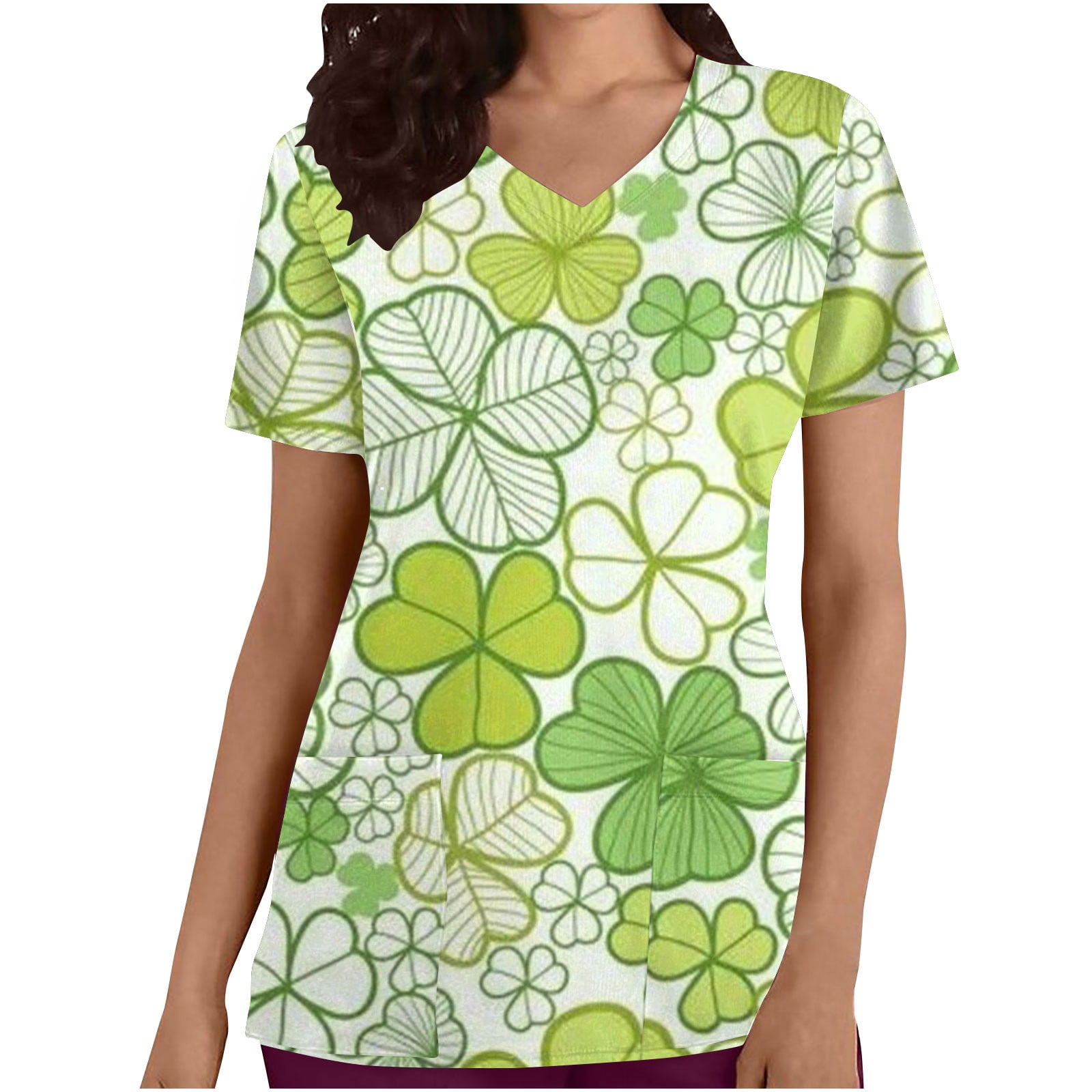 Luxalzxs St. Patrick's Day Scrubs Top, Plus Size Clover Shamrock Print ...