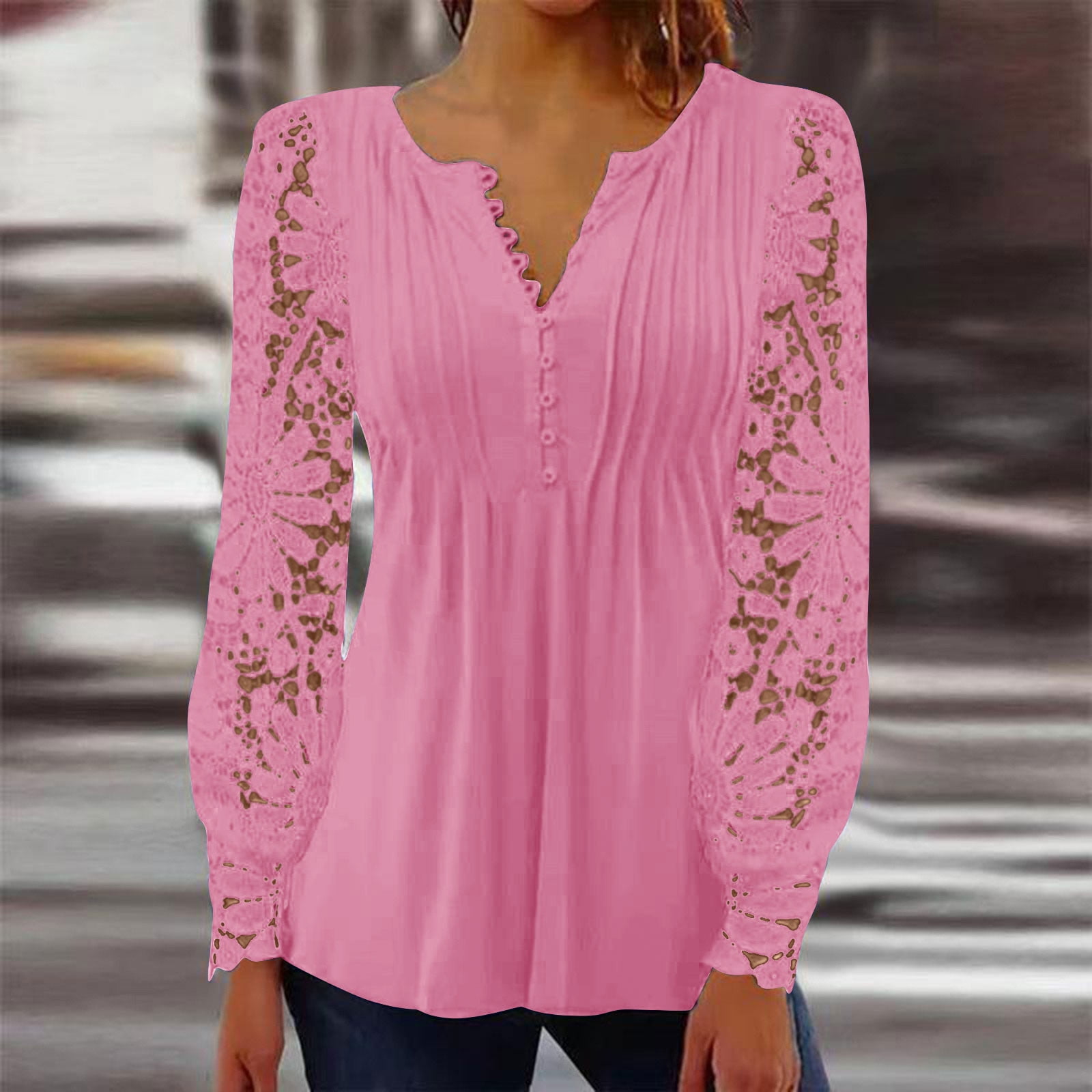 Luxalzxs Tops for Women Trendy V-Neck Lace Patchwork Long Sleeve ...