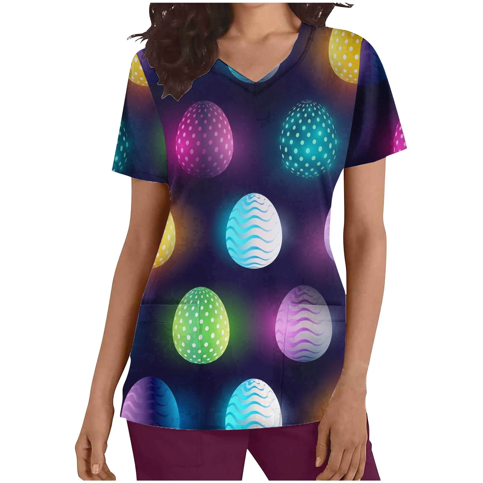 Luxalzxs Women Casual Fashion Easter Print Short Sleeve V-Neck Scrub ...