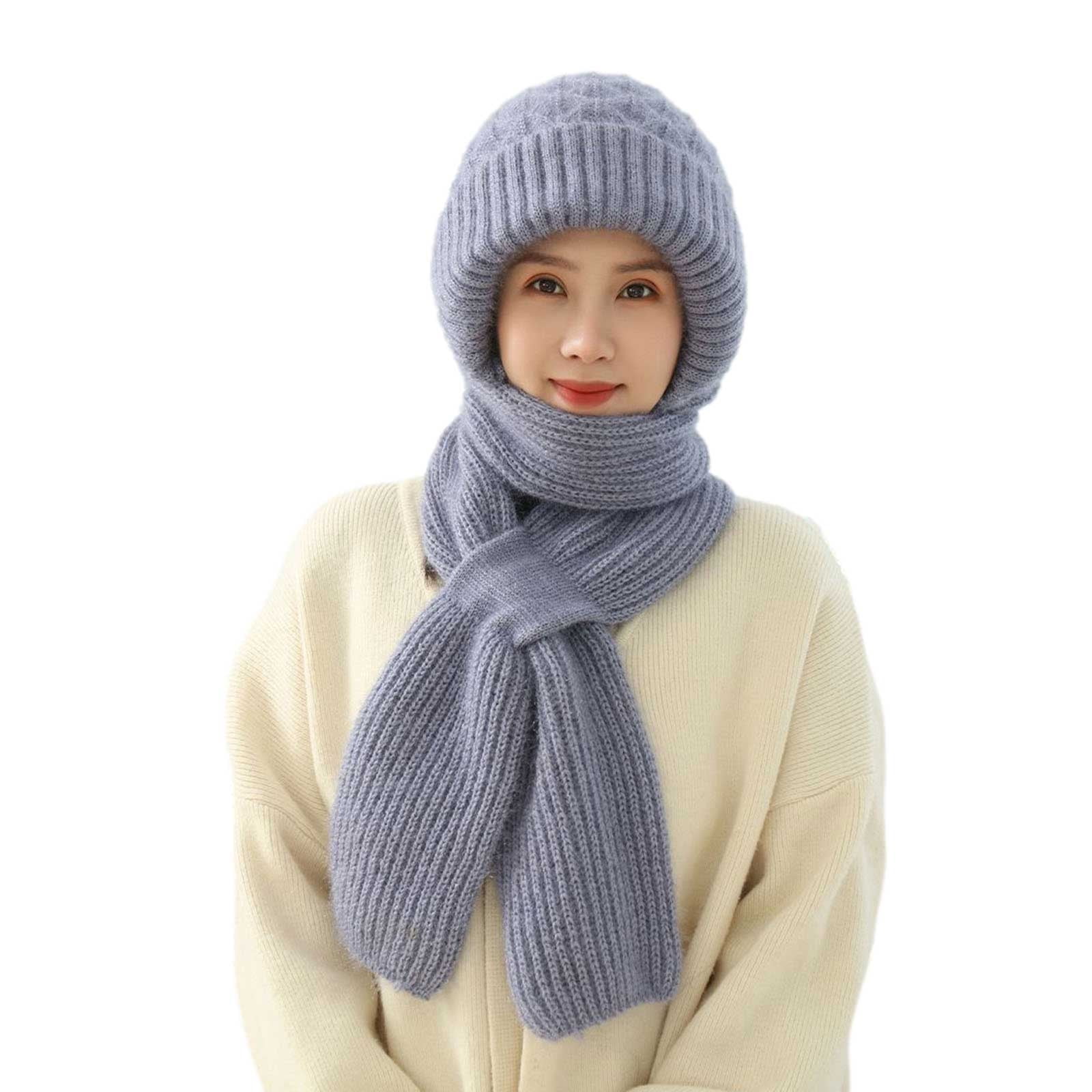 Luxalzxs Women Hood Scarf Hat All in One Knitted Fleece Lined Beanie ...