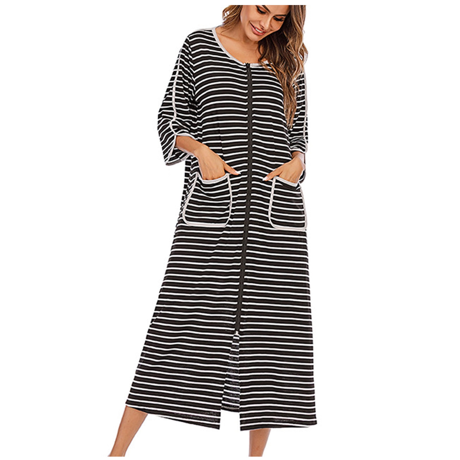 Luxalzxs Women Zipper Robe 3/4 Sleeve Bathrobe Full Length Ladies ...