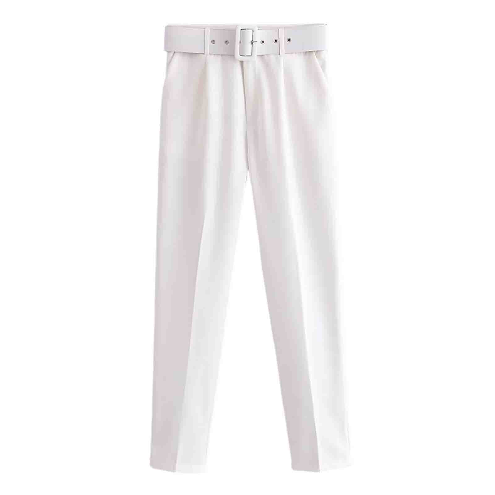 Luxalzxs Women's Elegant High Waist Belted Pants Solid Color Straight ...