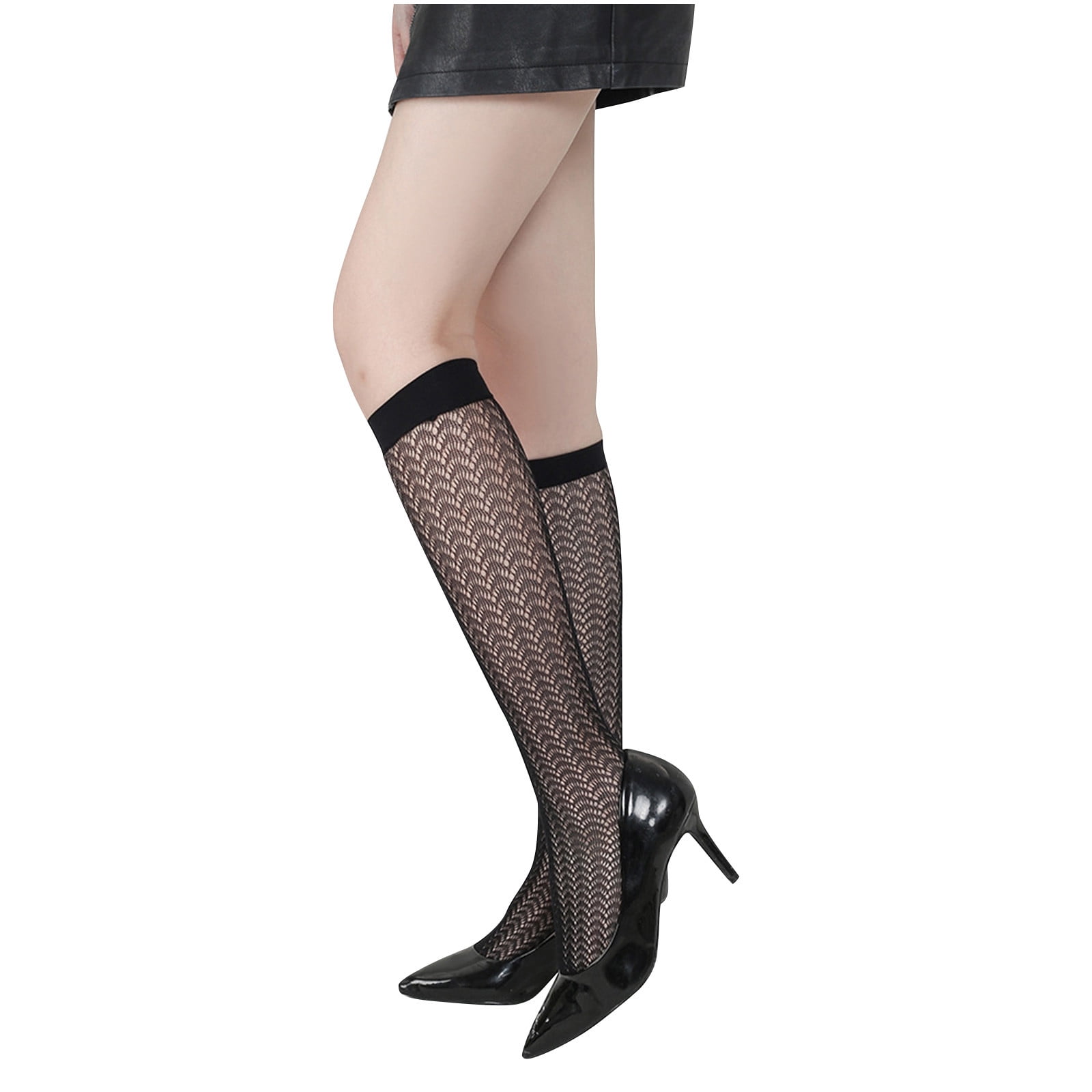 Luxalzxs Women's Fishnet Knee High Stockings Hollow Out Black Lace ...