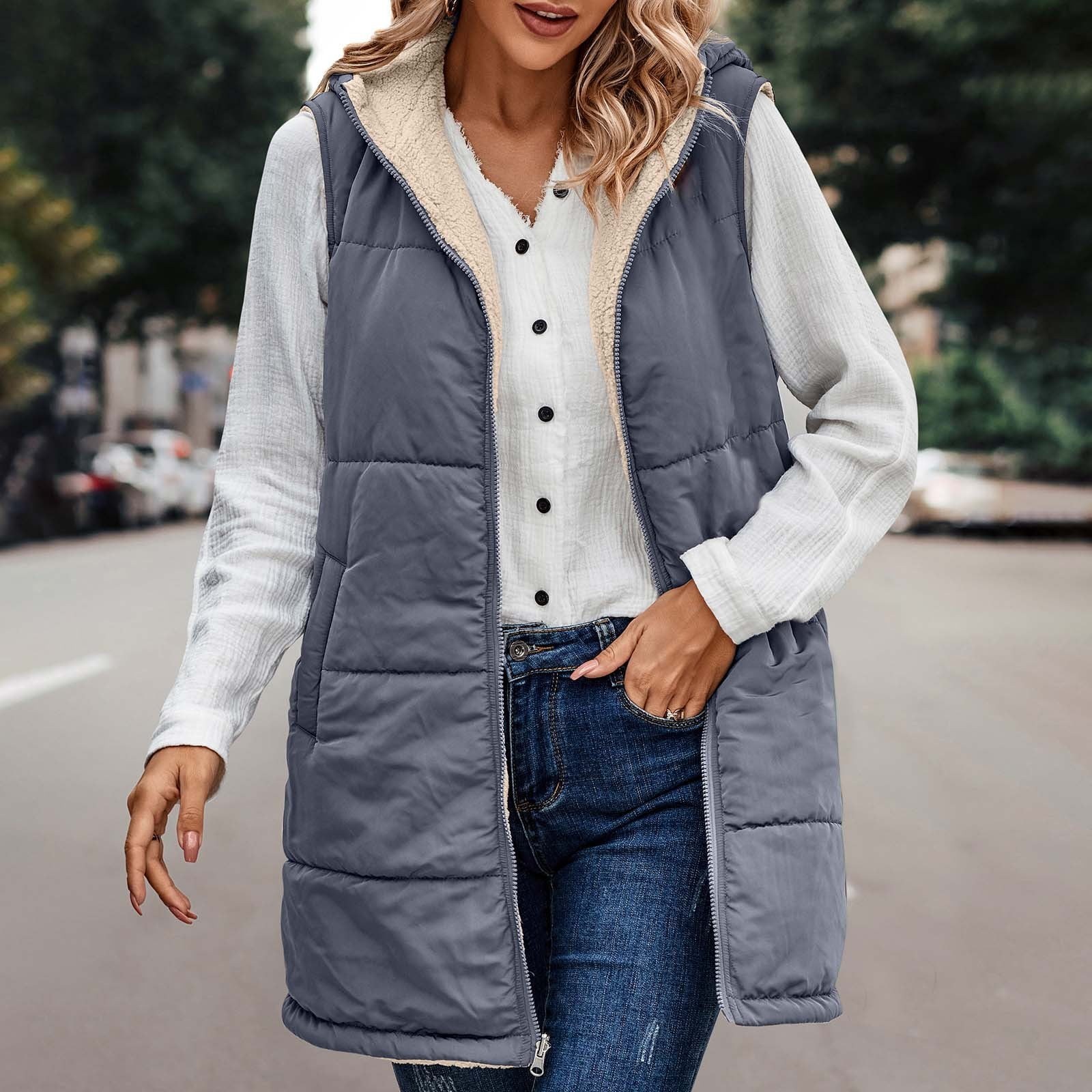 Luxalzxs Women's Long Puffer Vest Reversible Vests Sleeveless Fleece ...