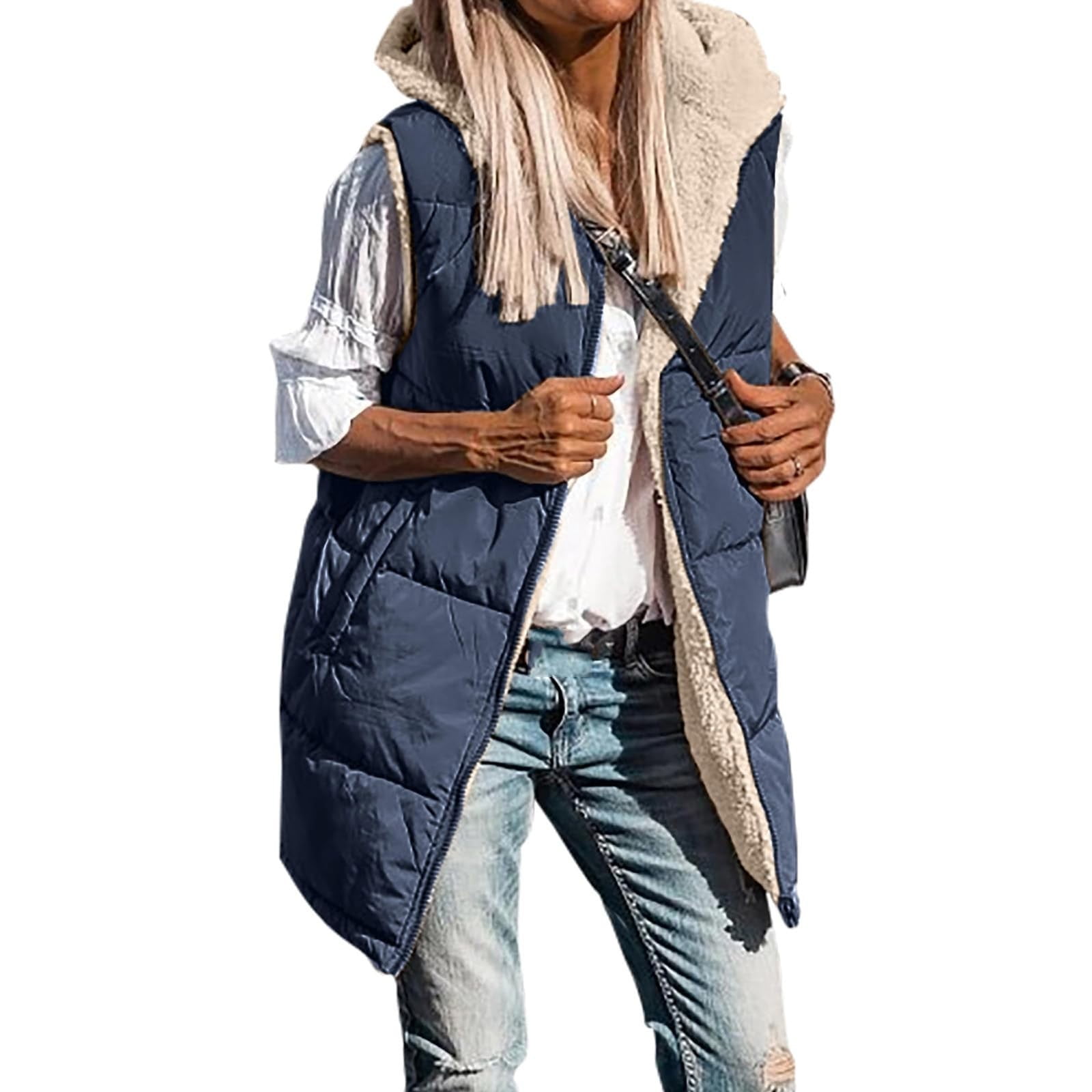 Luxalzxs Women's Long Puffer Vest Reversible Vests Sleeveless Fleece ...