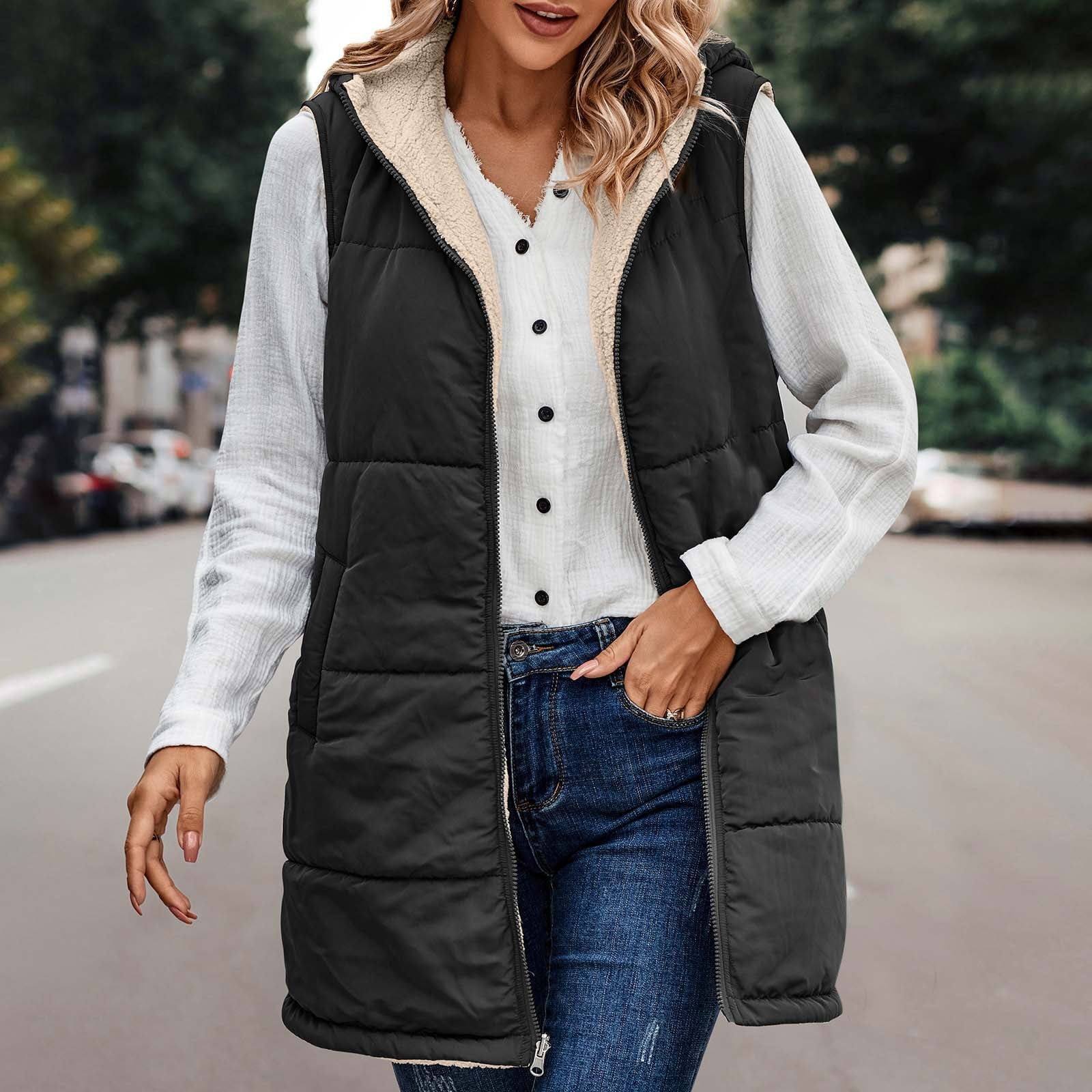 Luxalzxs Women's Long Puffer Vest Reversible Vests Sleeveless Fleece ...